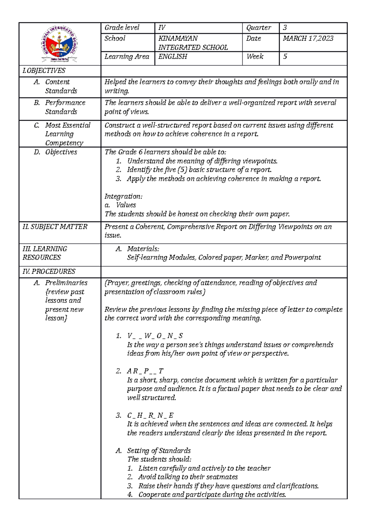 Lesson Plan for Teaching English 6: Coherence in Reports - Studocu