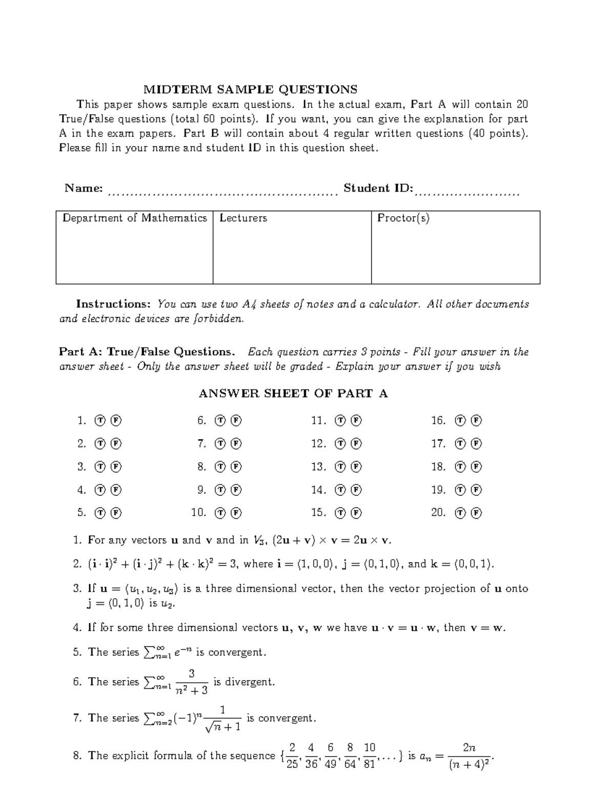 Calculus II (Cal2) Midterm Exam Sample Questions - Studocu