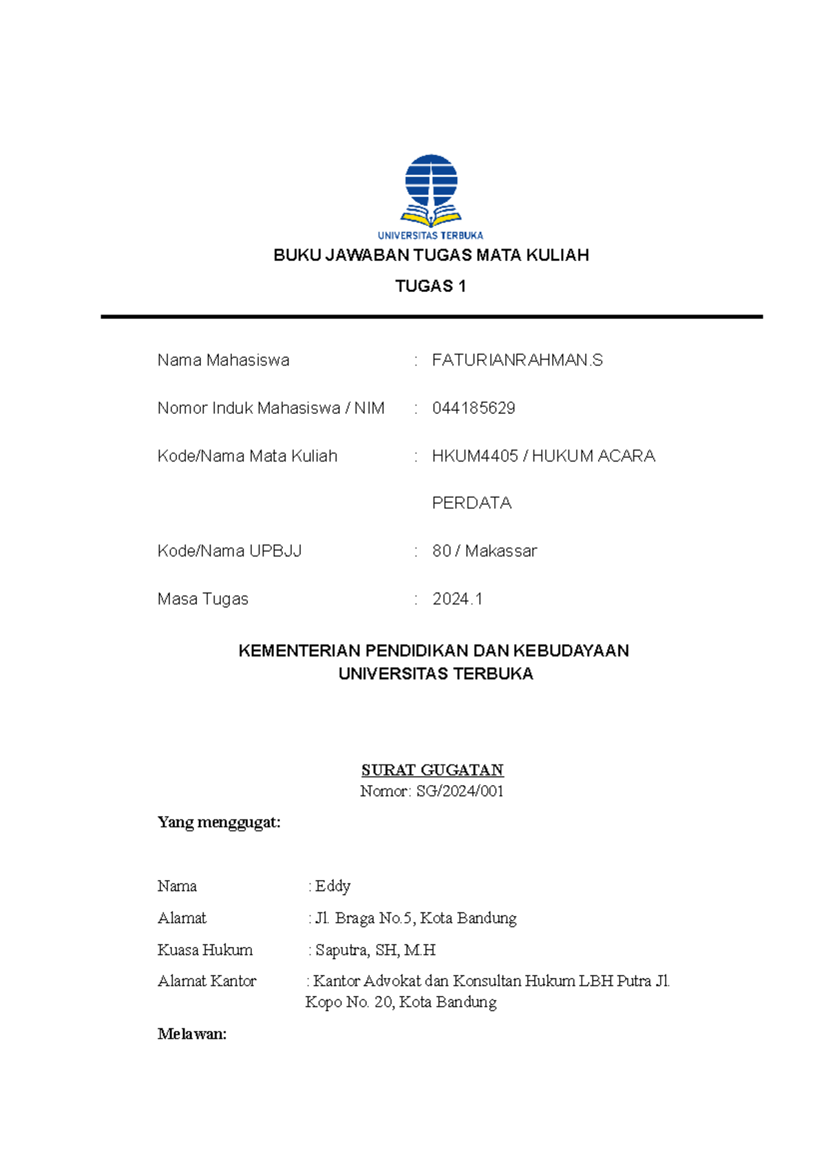 Tugas 1: Surat Gugatan Hukum Acara Perdata HKUM4405 - Studocu