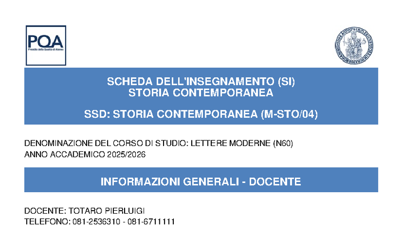 Scheda Insegnamento: Storia Contemporanea (N60) - Totaro Pierluigi ...