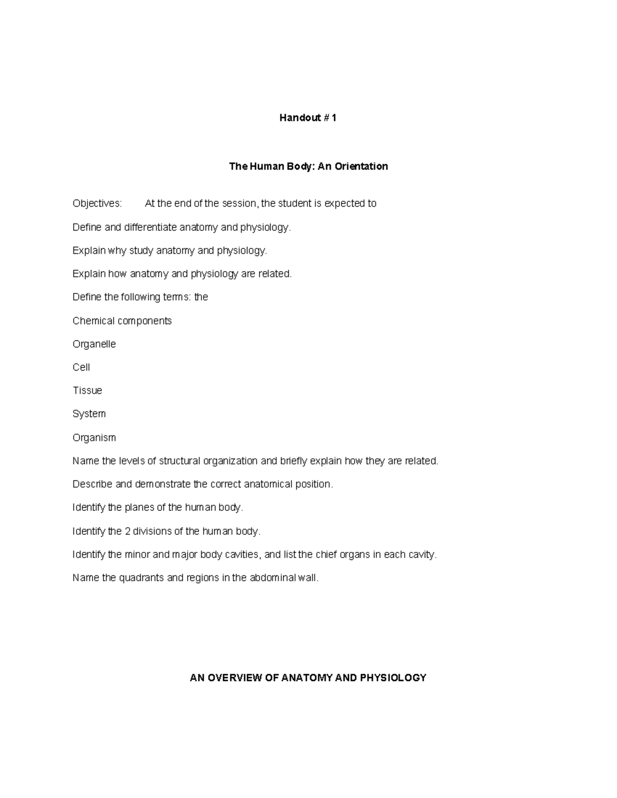 Anatomy 101: Handout 1 - Overview of Human Body Structure & Function ...