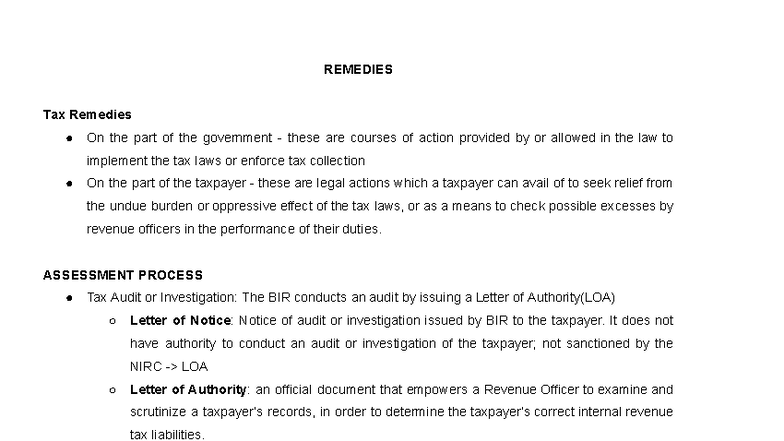 Tax Remedies and Assessment Process: Key Lessons and Insights - Studocu