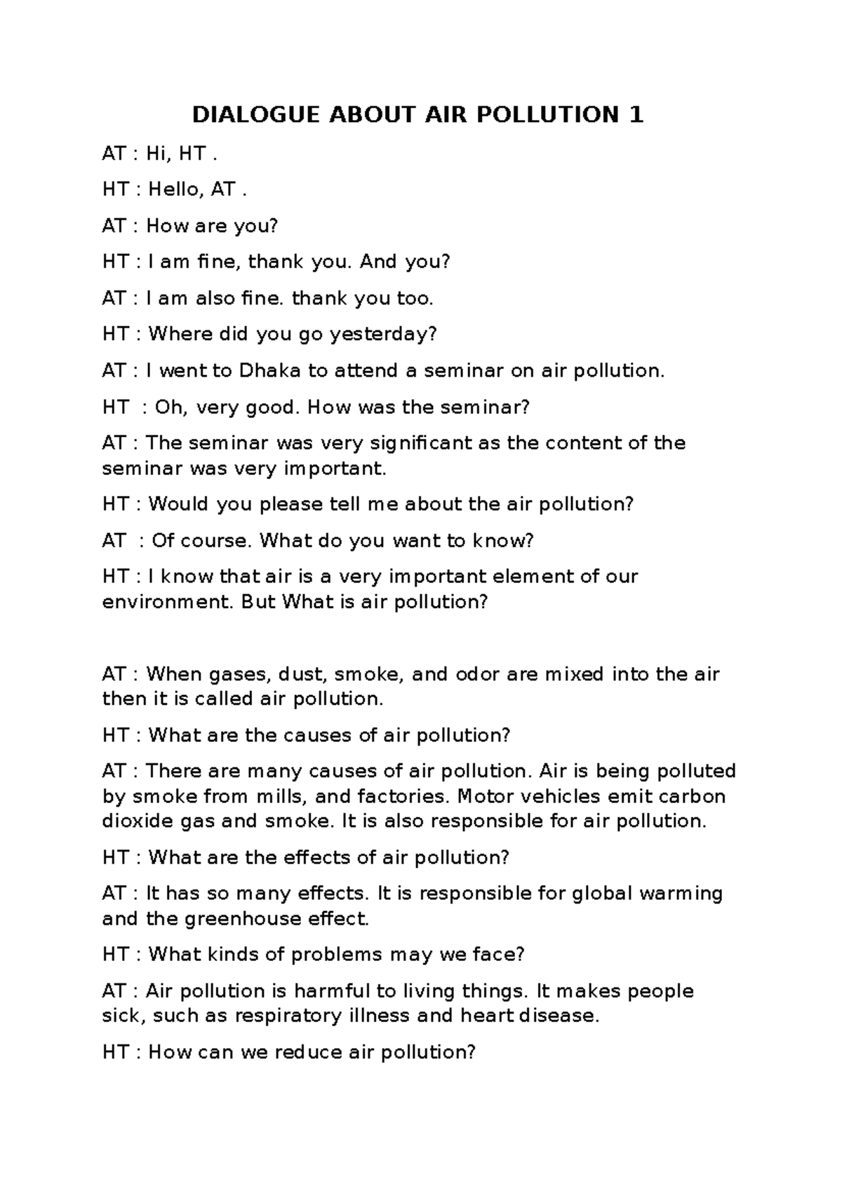 Dialogue About AIR Pollution 1 - DIALOGUE ABOUT AIR POLLUTION 1 AT : Hi ...