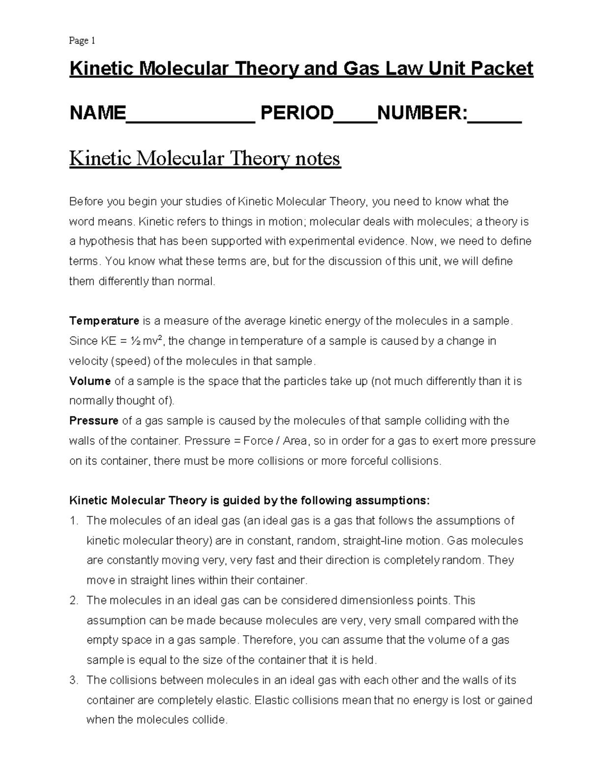 Kinetic Molecular Theory & Gas Laws Packet - Gases Assignment Answers ...