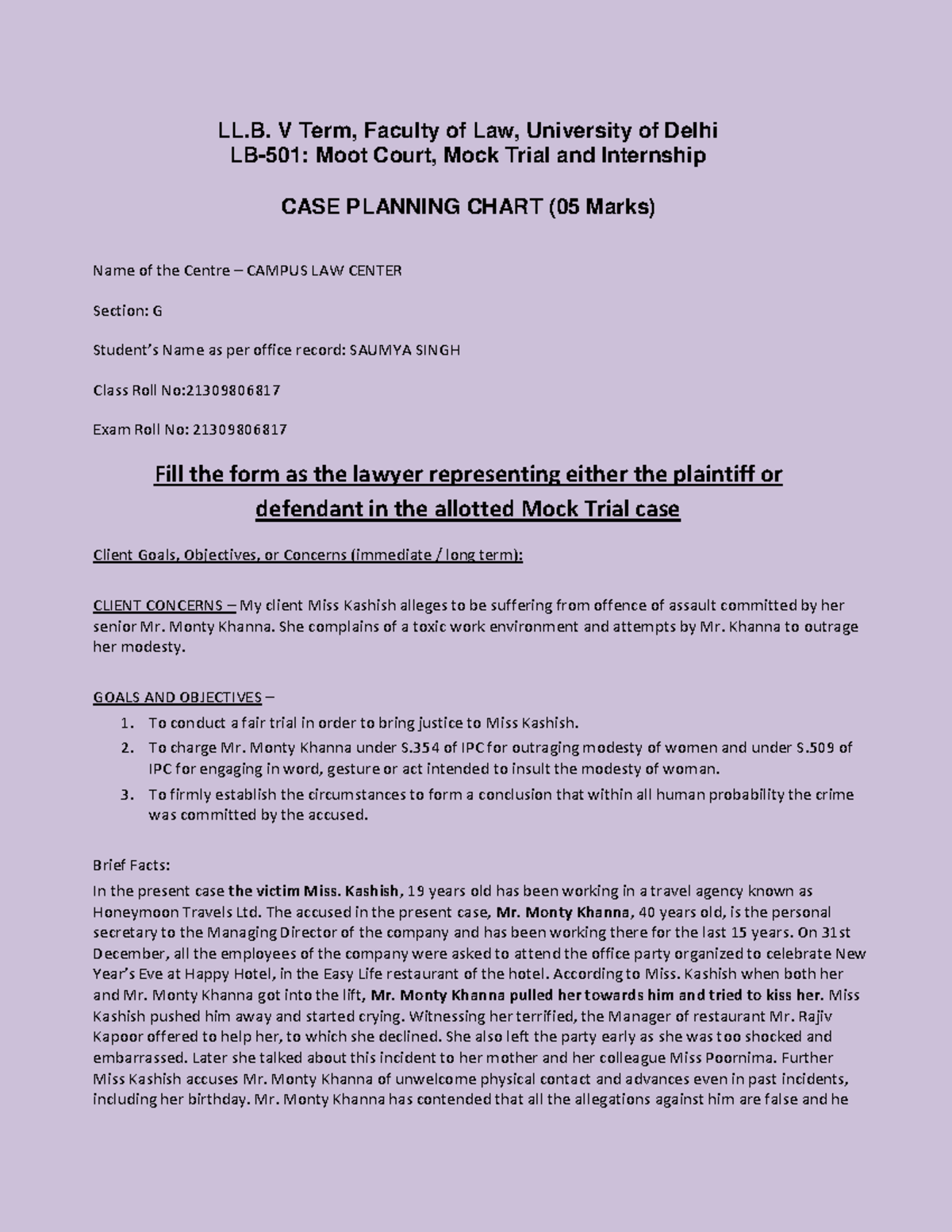 Case Planning Chart Exam 2022 - LL. V Term, Faculty of Law, University ...