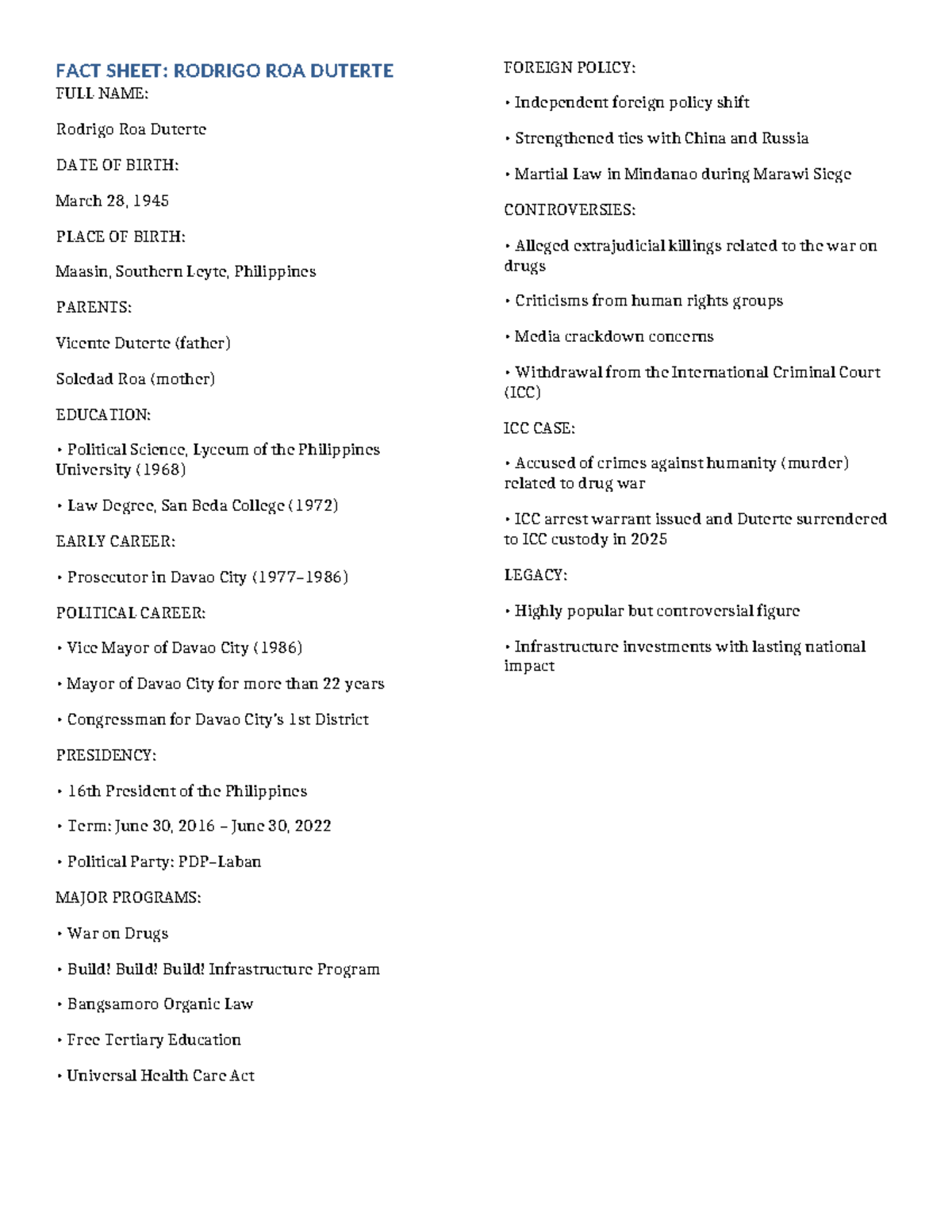 Duterte Fact Sheet: Key Facts & Controversies (N.A.) - Studocu