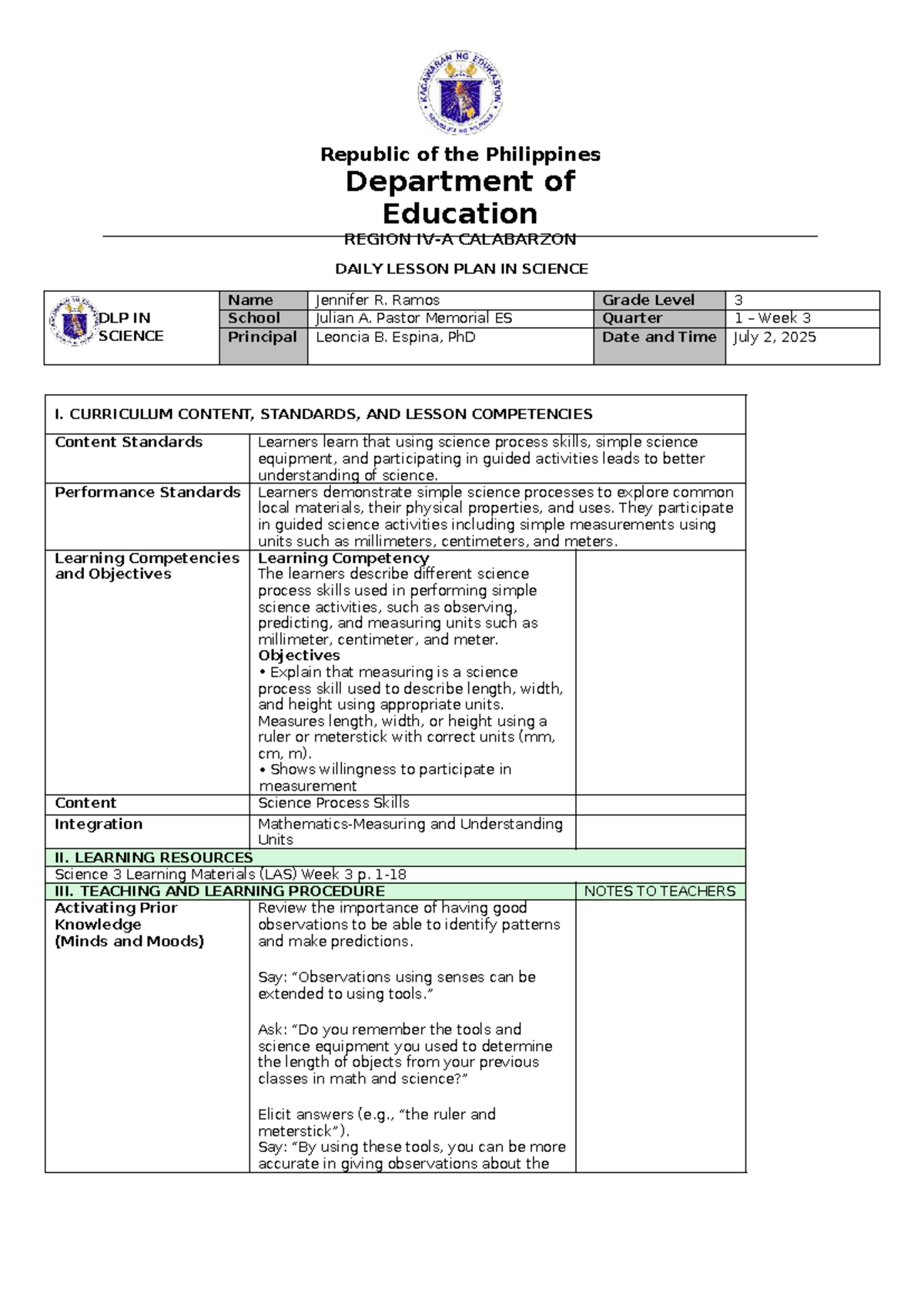Q1W3 Science Lesson Plan: Measuring Length, Width, and Height - Studocu