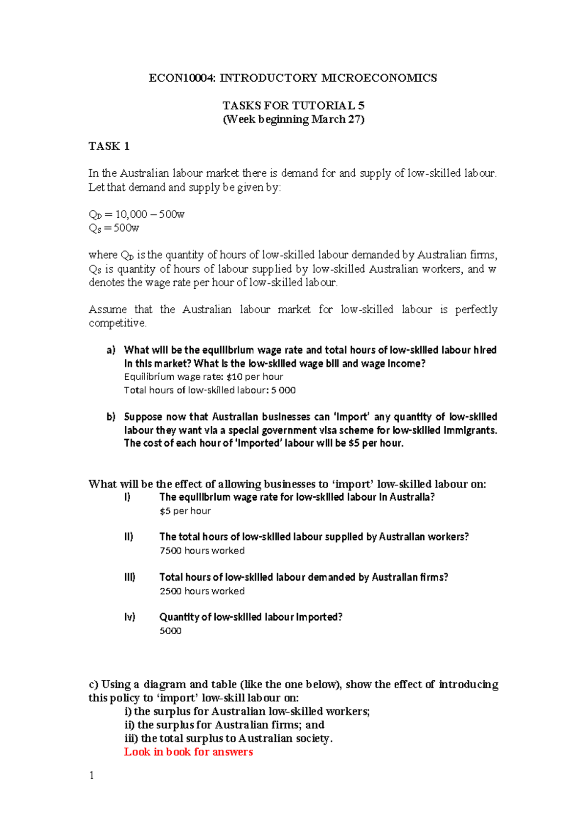 Week 5 Tutorial Questions - ECON10004: INTRODUCTORY MICROECONOMICS ...