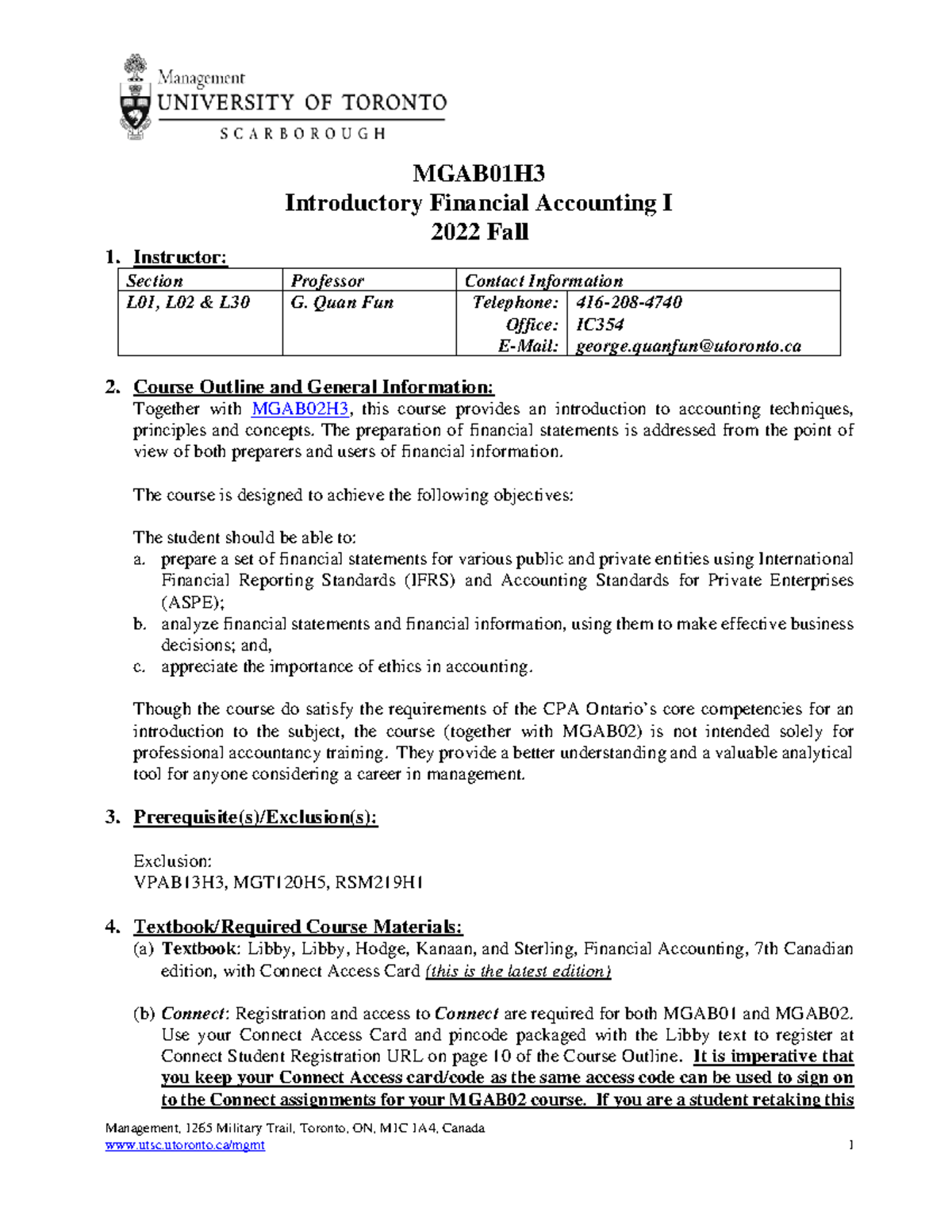 MGAB01H3 - Fall 2022 Introductory Financial Accounting Course Outline ...