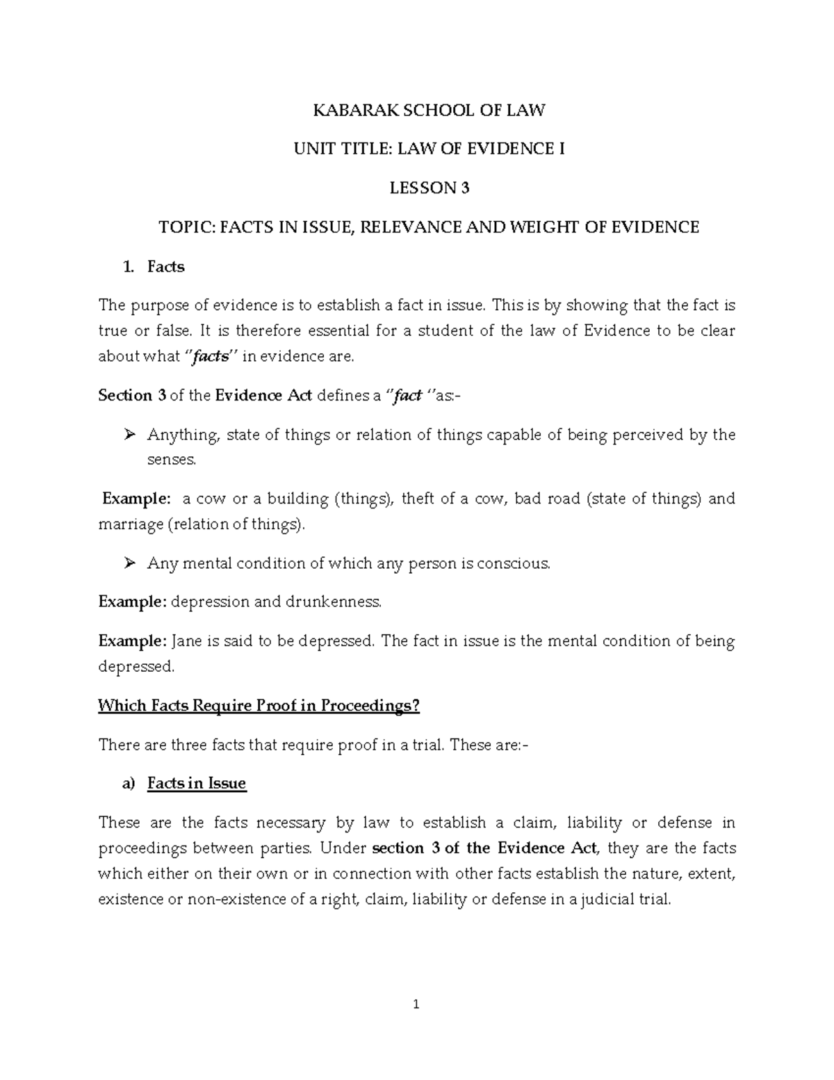 Law of Evidence I: Lesson 3 - Facts in Issue, Relevance & Weight - Studocu