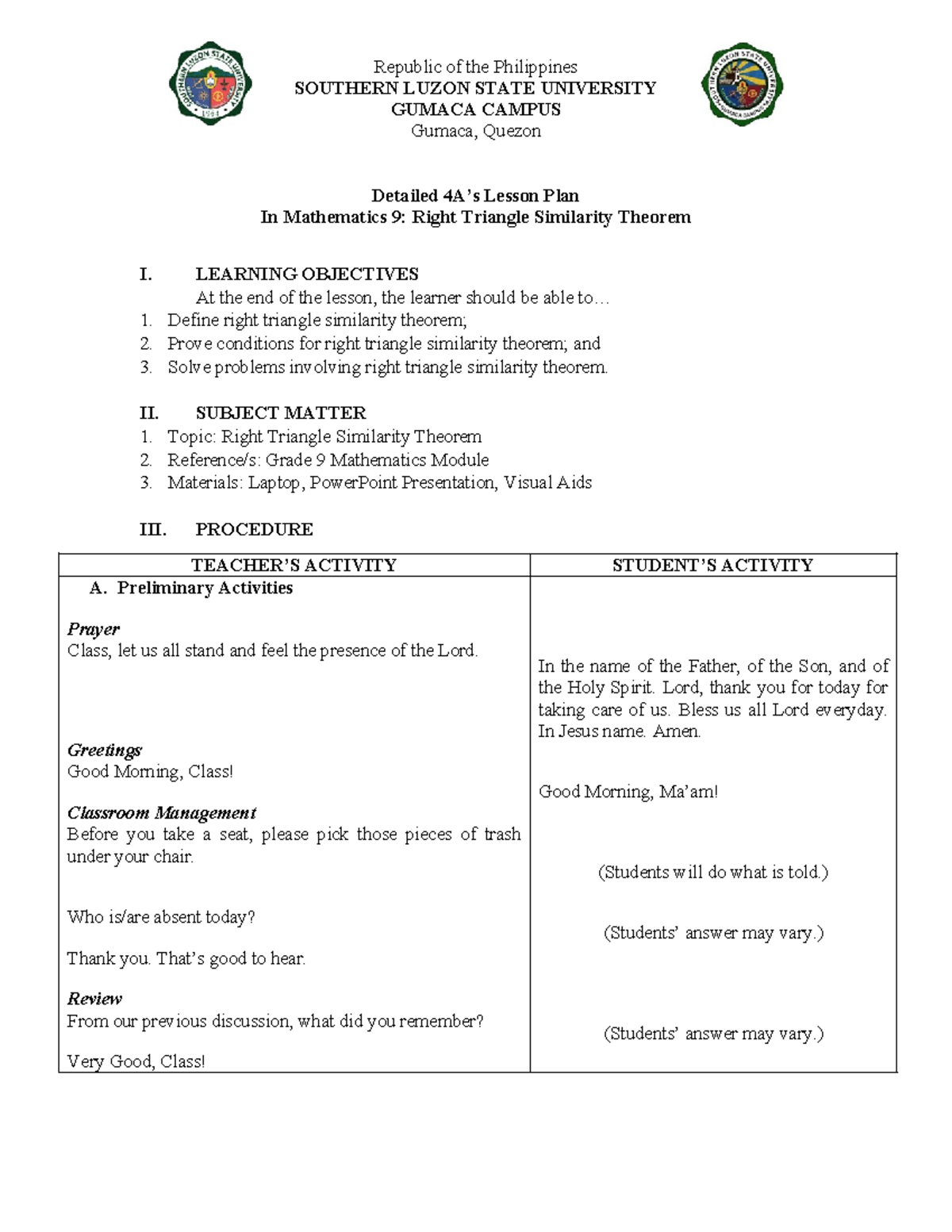 Mathematics 9 Lesson Plan: Right Triangle Similarity Theorem LP - Studocu