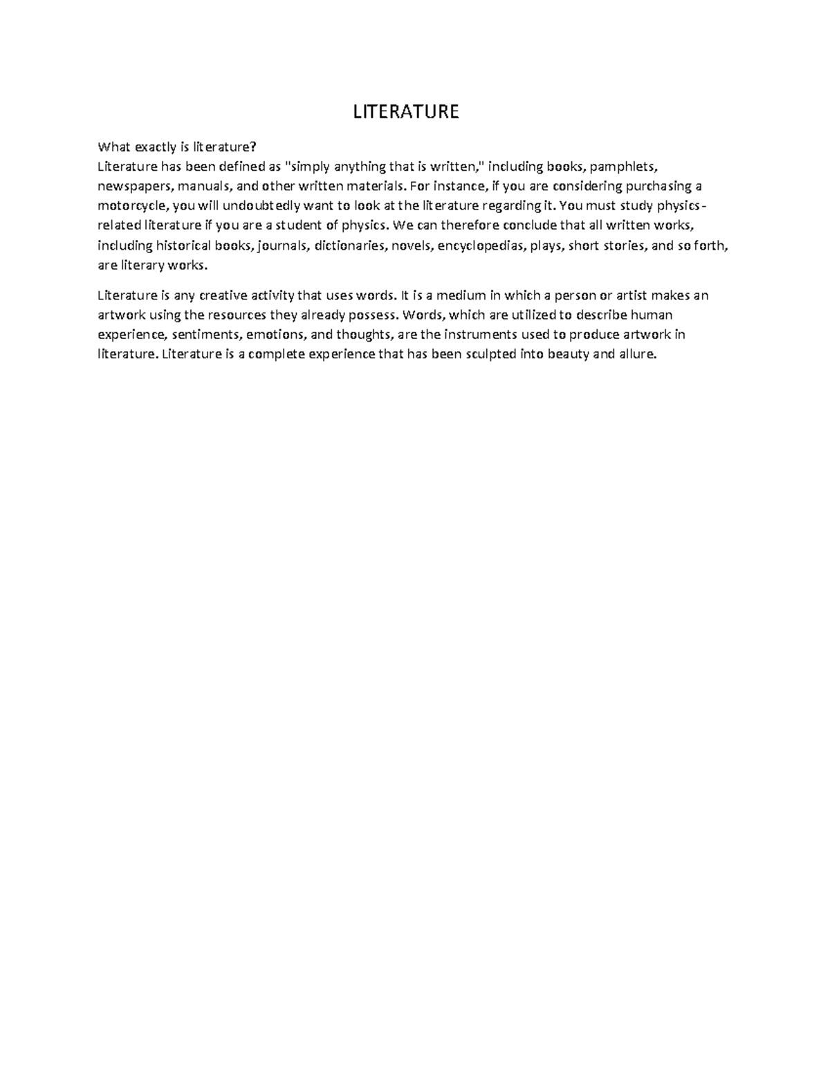 Literature 21ST Century - LITERATURE What exactly is literature ...