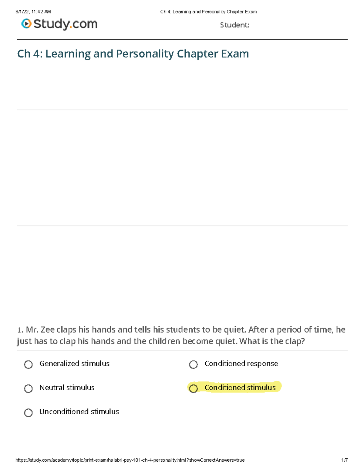 CH 4 Psychology assi - Assignment 4 - Student: Ch 4: Learning and ...