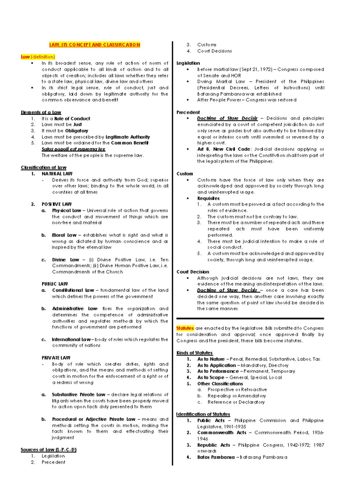 LAW 101: Concepts and Classifications of Legal Principles - Studocu