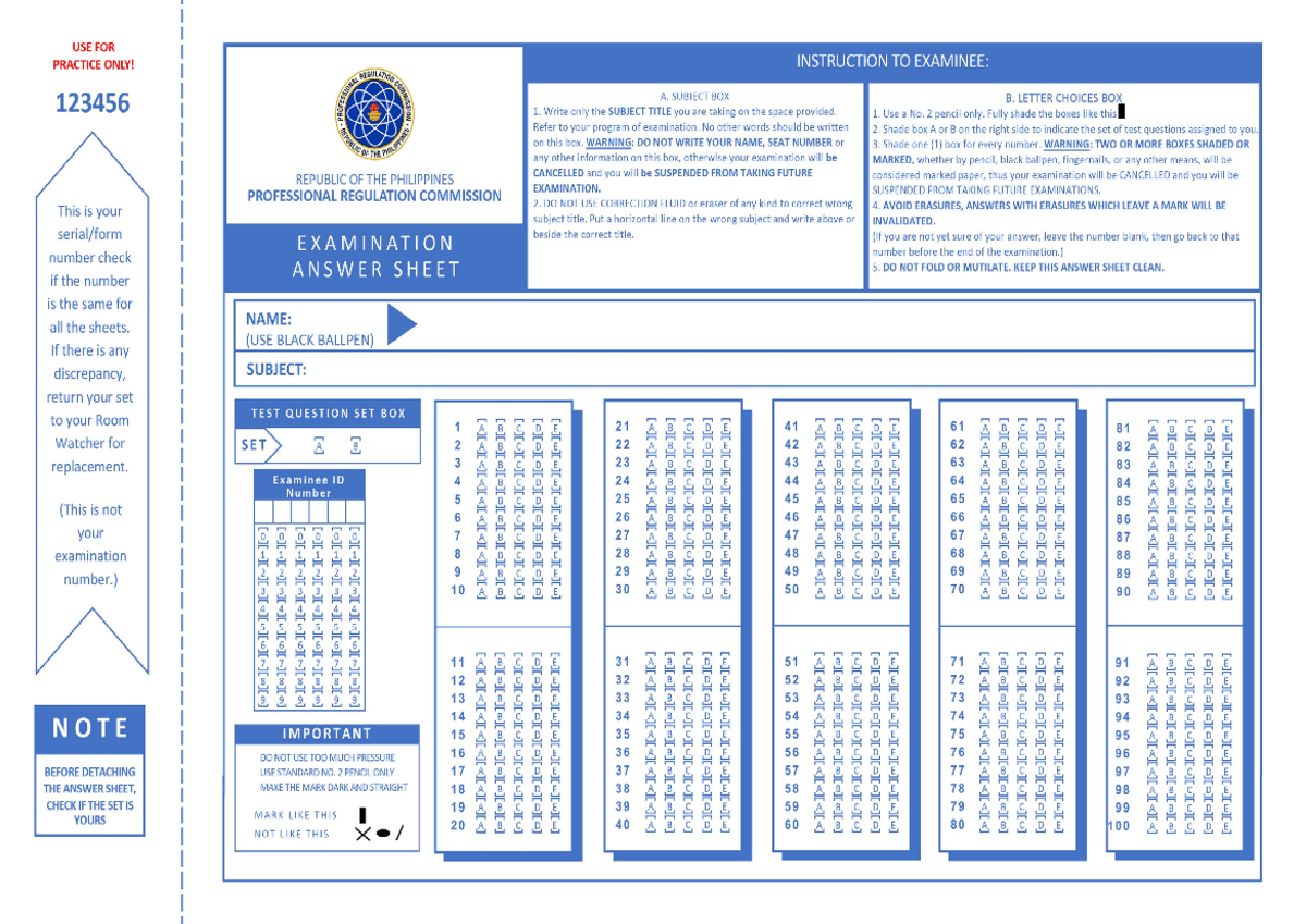 Practice Answer Sheet for Regulation 123456 Examination - Studocu