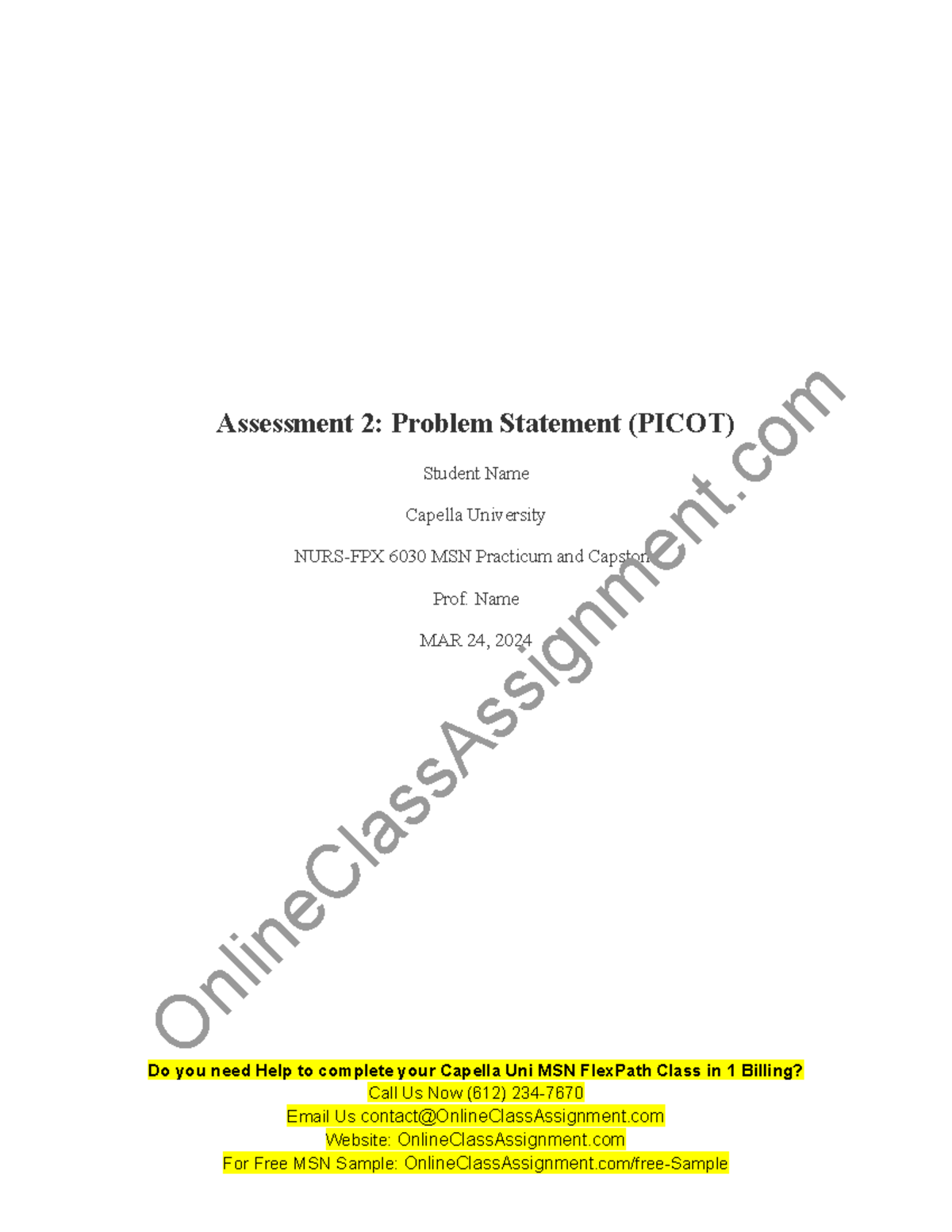 NURS-FPX 6030 Assessment 2: PICOT Problem Statement on Fall Prevention ...