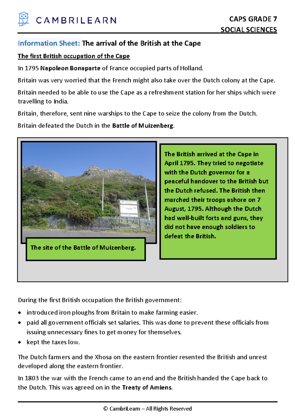CAPS G7 Social Sciences: British Arrival at the Cape Overview - Studocu