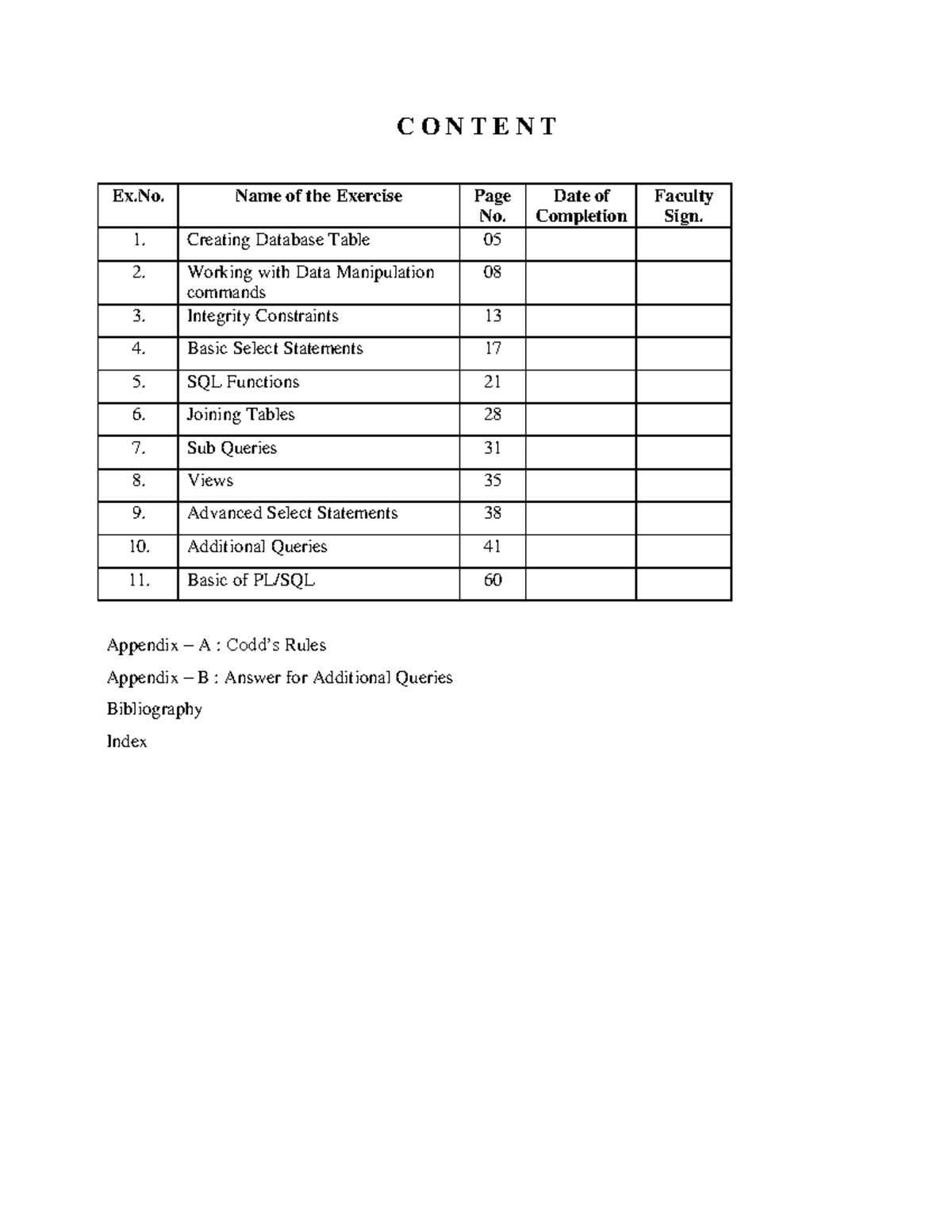 DBMS-Work Book - dbms - C O N T E N T Ex. Name of the Exercise Page No. Date of Completion ...