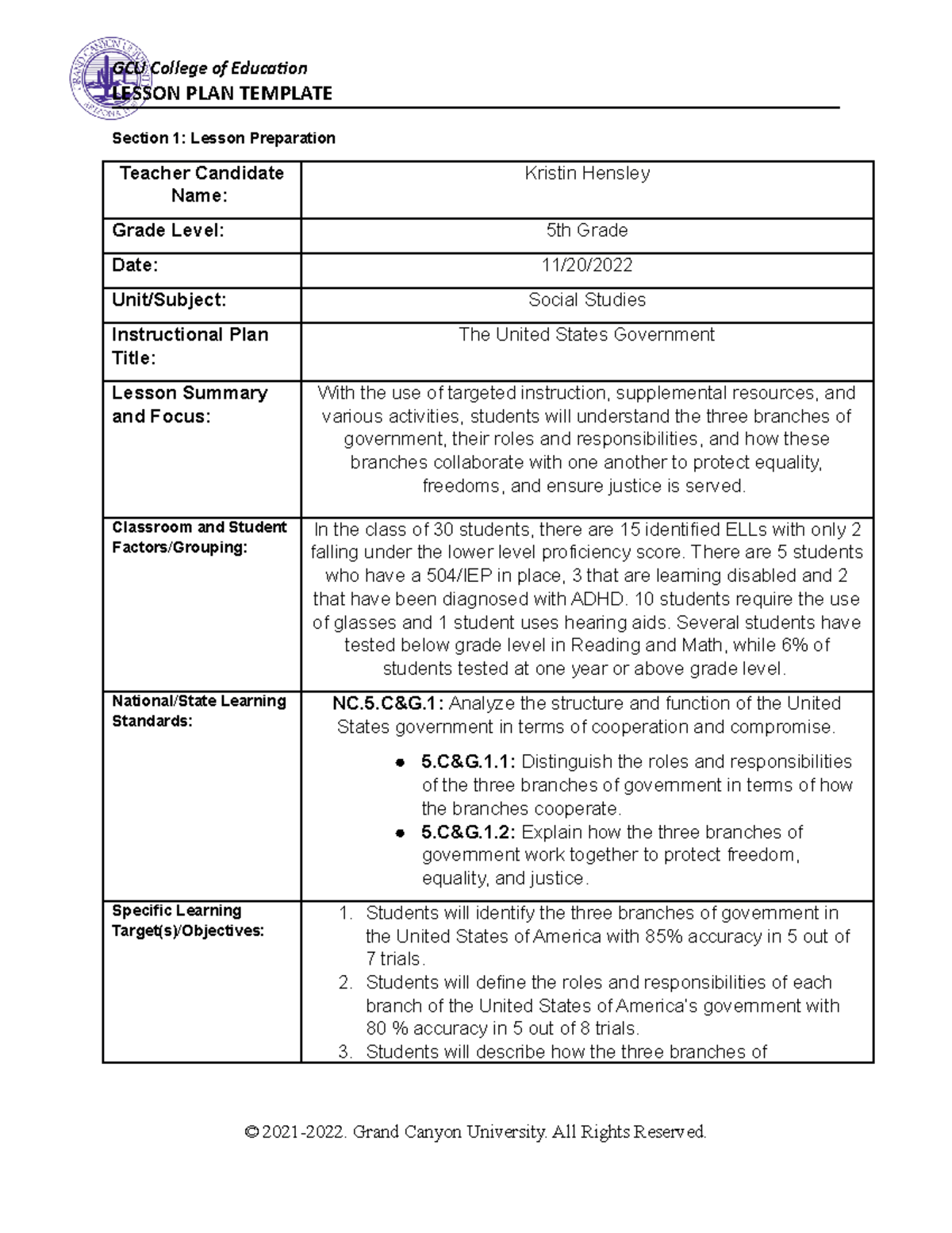 GCU ELM-351 Week 6 - Lesson Plan on US Government Branches - Studocu