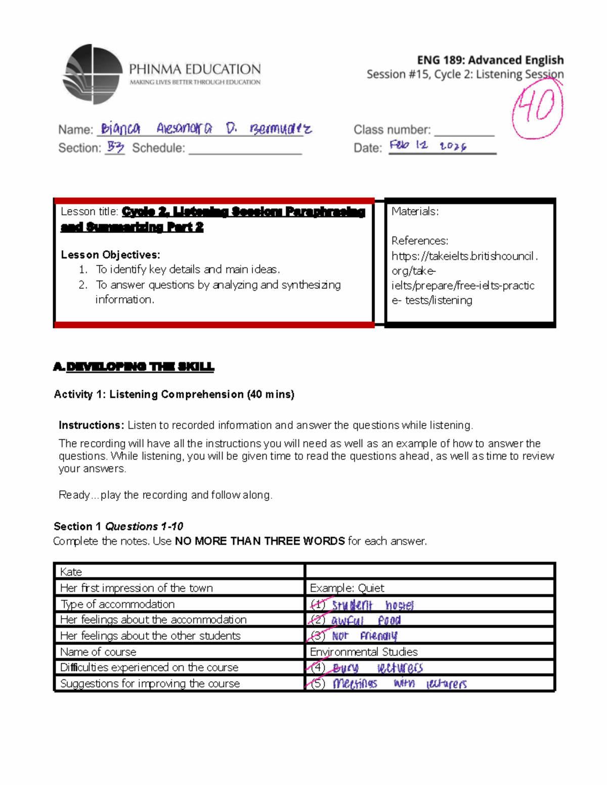 SAS15 Lesson: Key Details & Listening Comprehension Activities - Studocu
