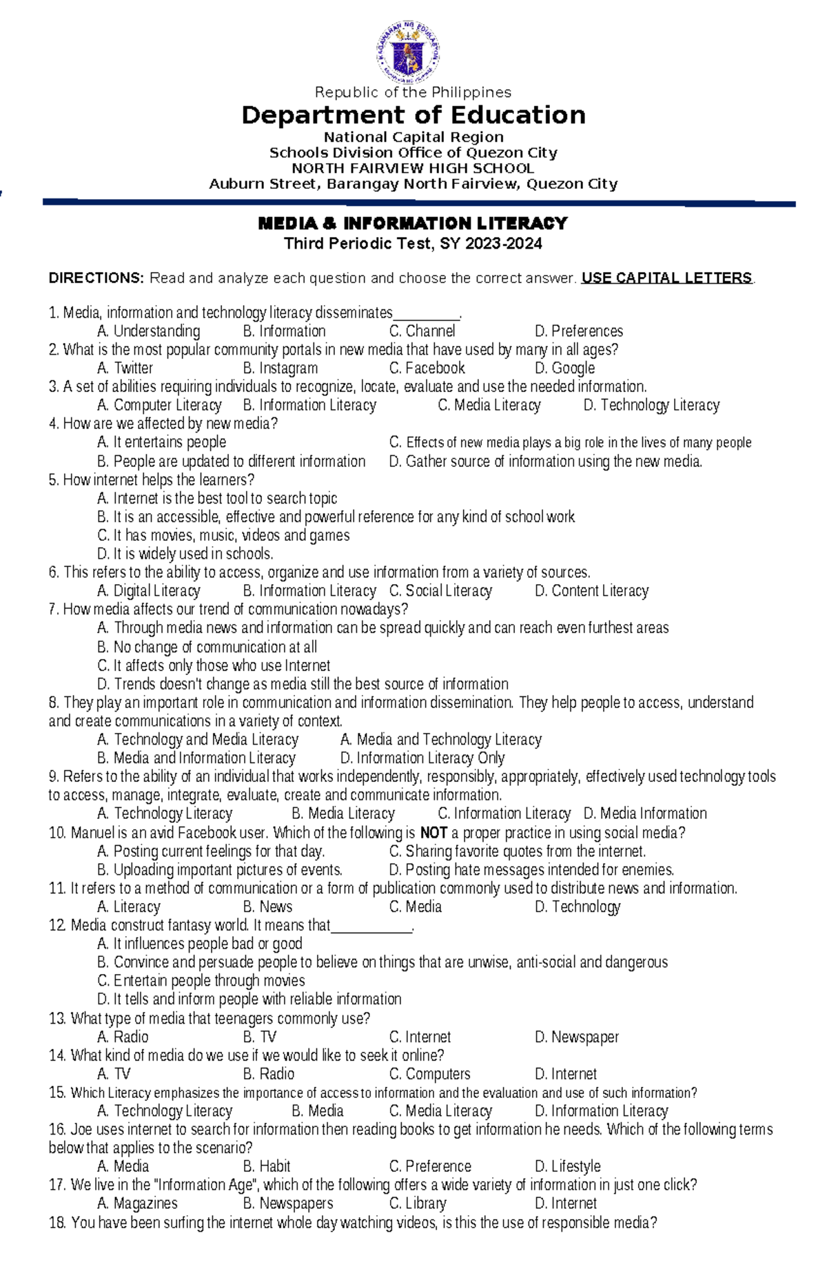 Midterm Exam: Media & Information Literacy SY 2023-2024 - Studocu
