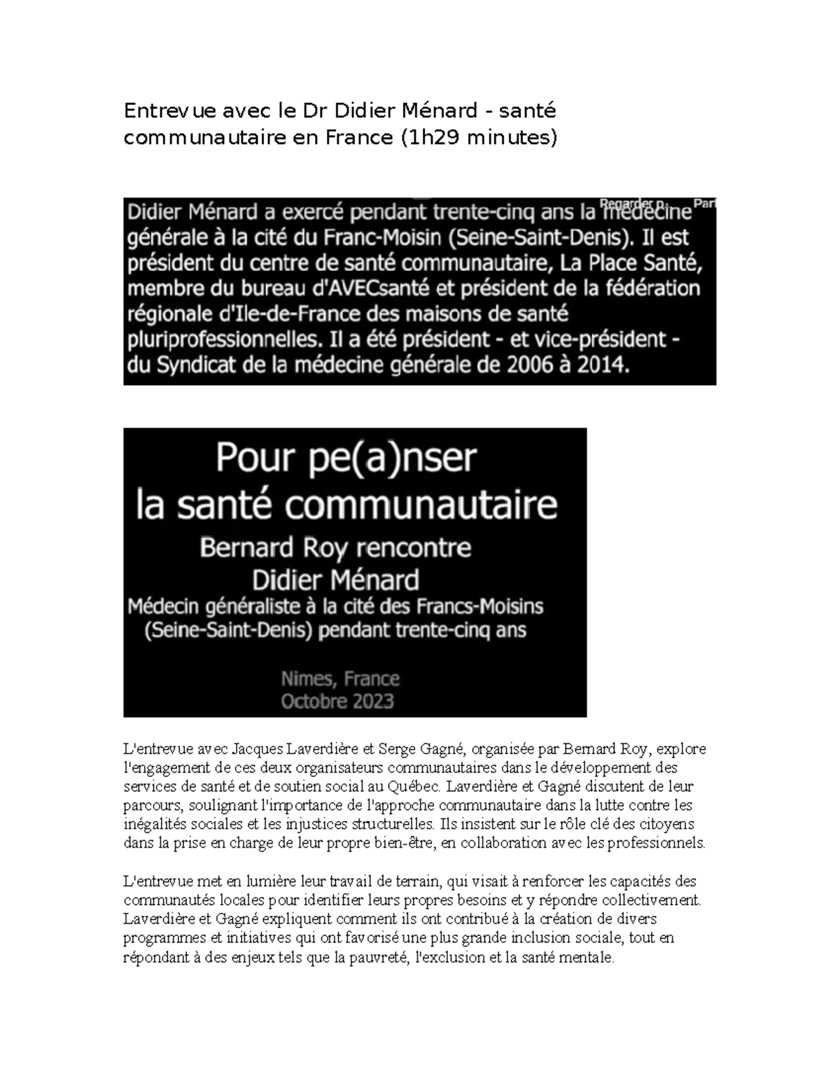 Entrevue avec Dr Didier Ménard sur la Santé Communautaire en France ...