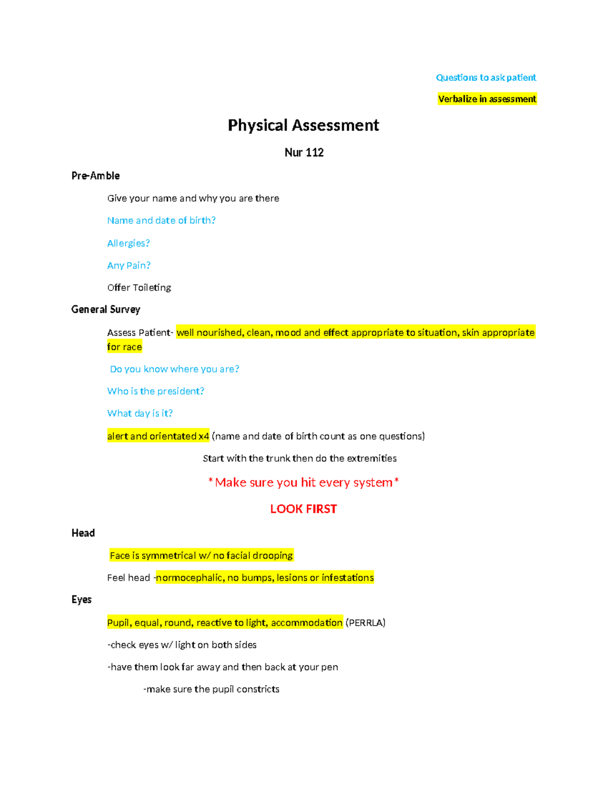Physical+assessment - nursing work - Questions to ask patient Verbalize ...