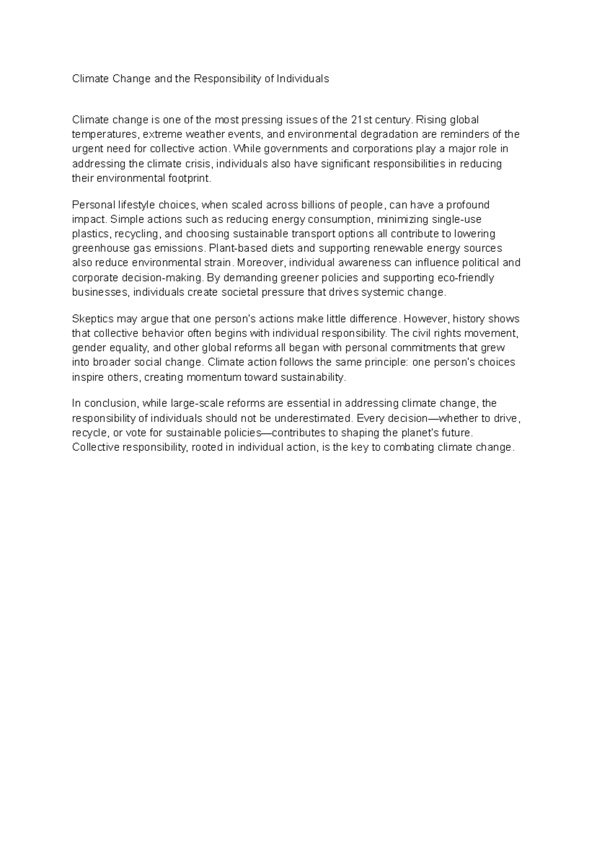 ENG 101: Individual Responsibility in Climate Change Action - Studocu
