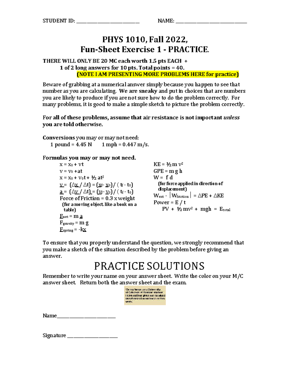 Physics 1010 Fall 2022 - Practice Exam on Energy, Forces & Kinematics - Studocu