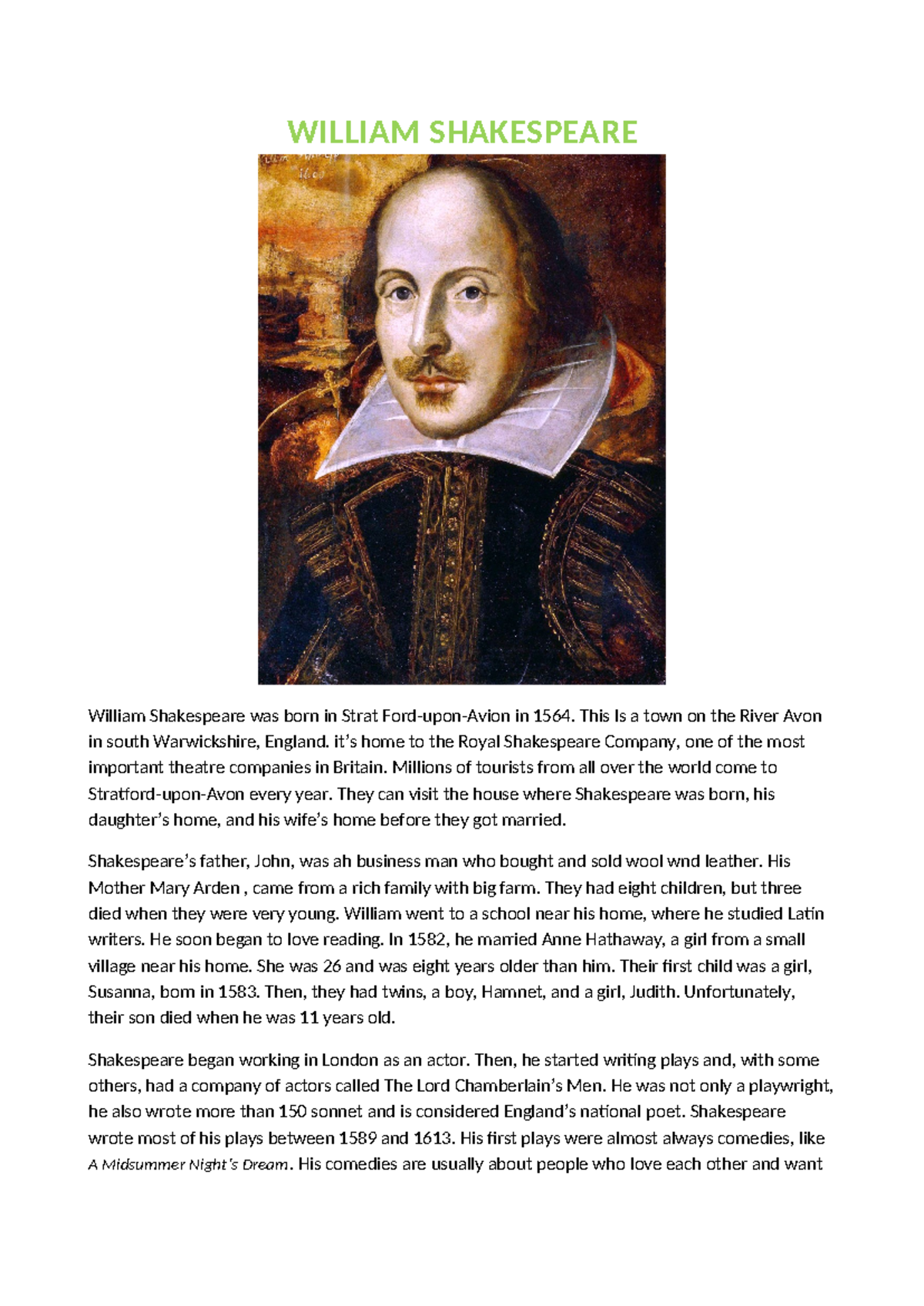 WILLIAM SHAKESPEARE: Life and Works Overview - Studocu