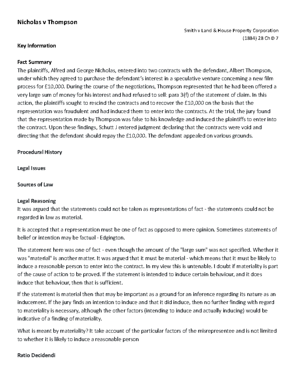 Nicholas v Thompson Case Study: Misrepresentation Analysis - Studocu