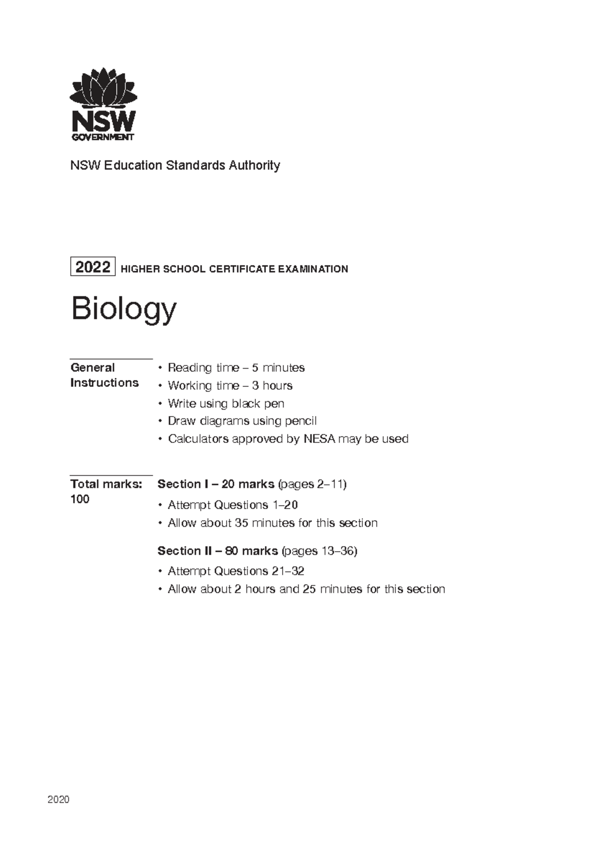 2022 HSC Biology Exam Instructions and Questions - Studocu