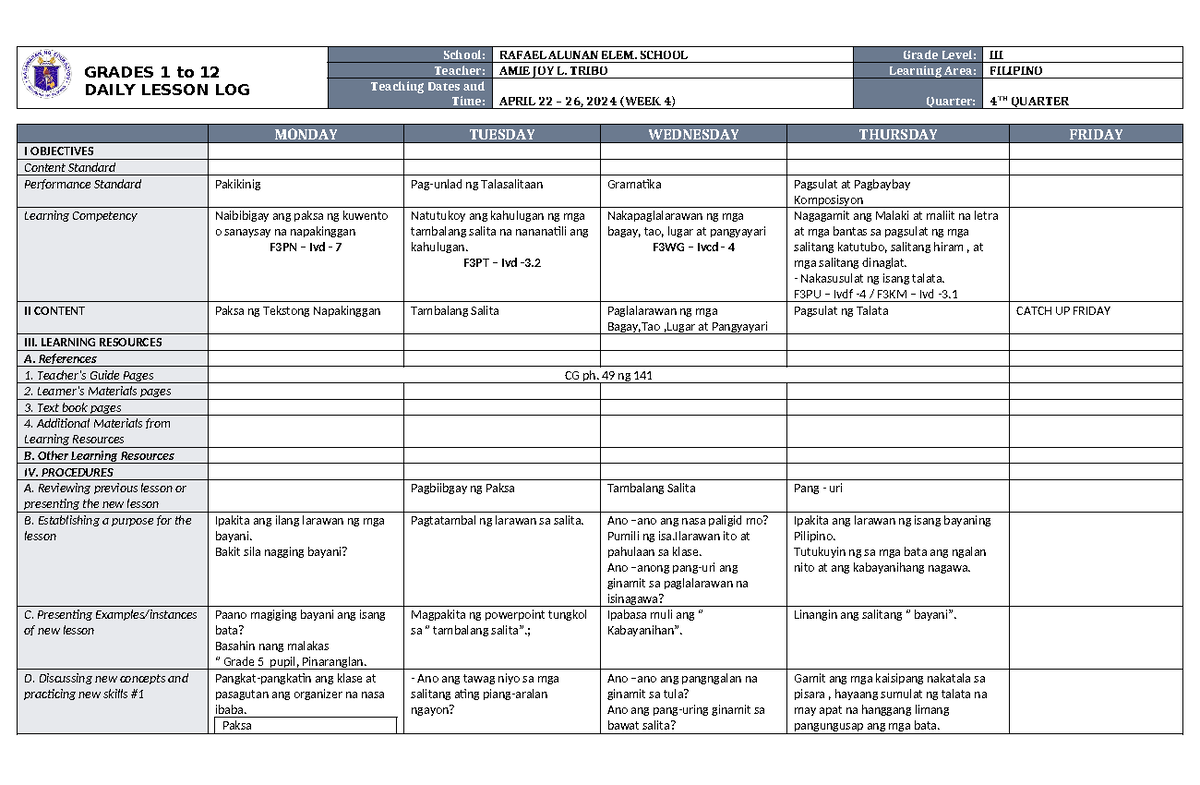 DLL Filipino 3 Q4 W4 - Daily Lesson Log for Grade III - Studocu