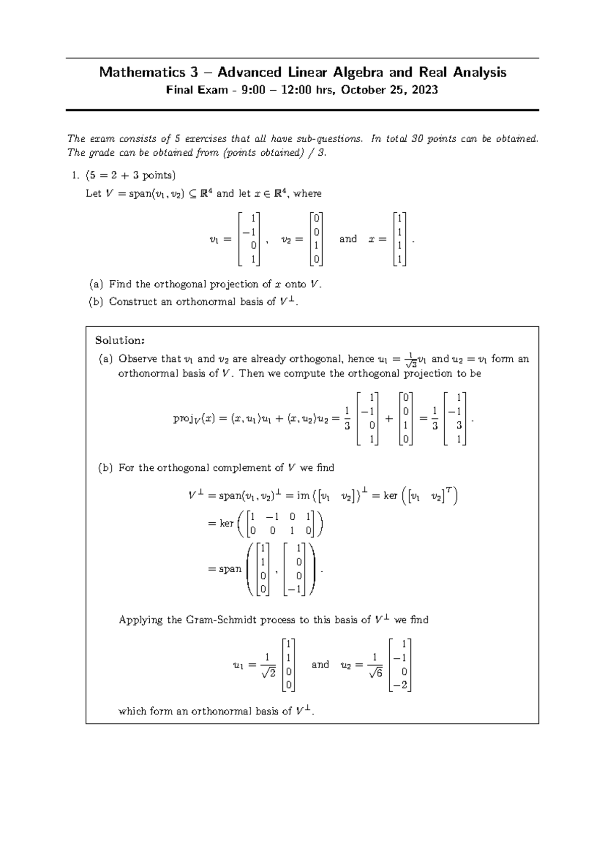 M3 23-24 T Final Exam Solutions for Advanced Linear Algebra - Studeersnel