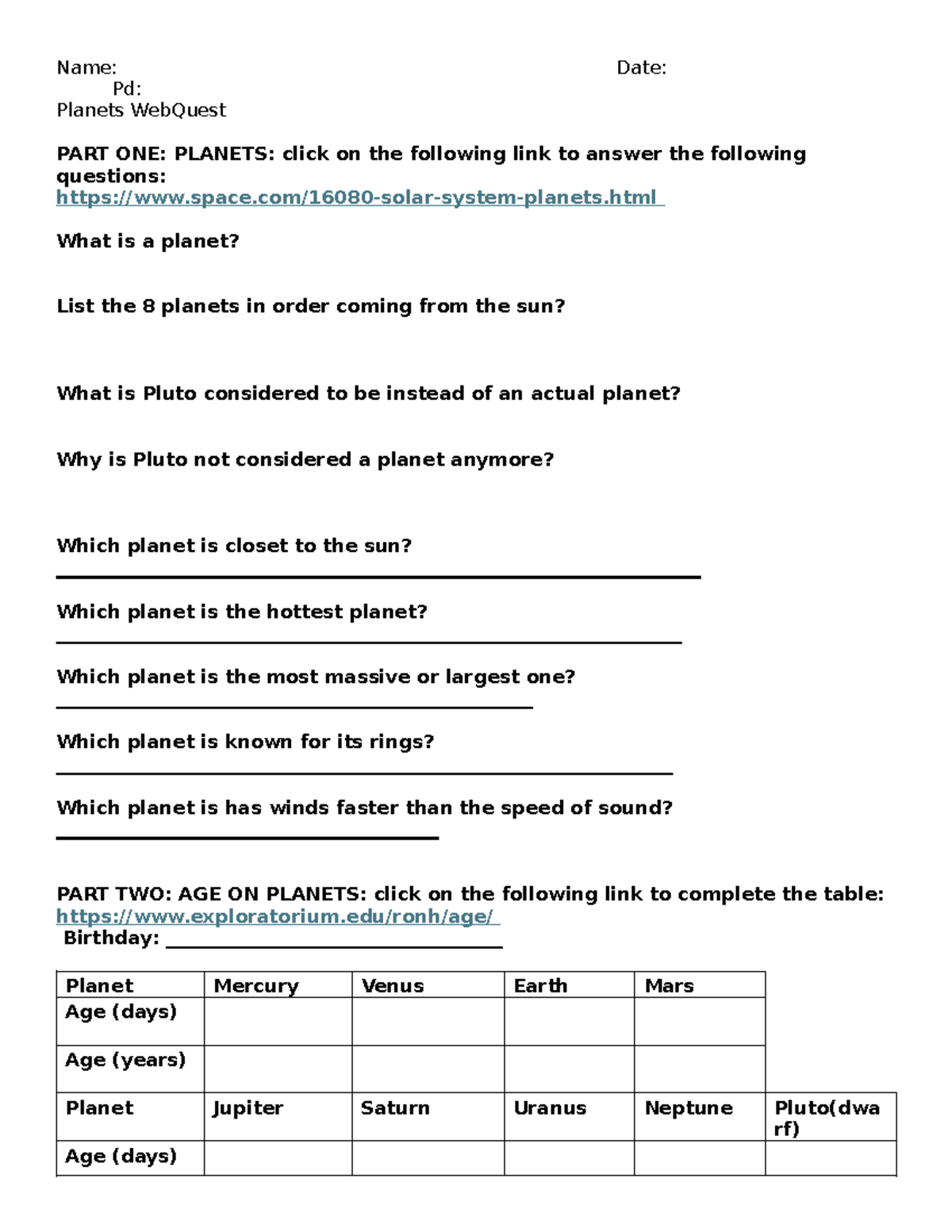 Planets WebQuest: Exploring Our Solar System and Age Calculations ...