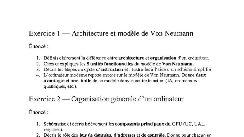 Controle Continu - Exercice sur l'Architecture Von Neumann et ...
