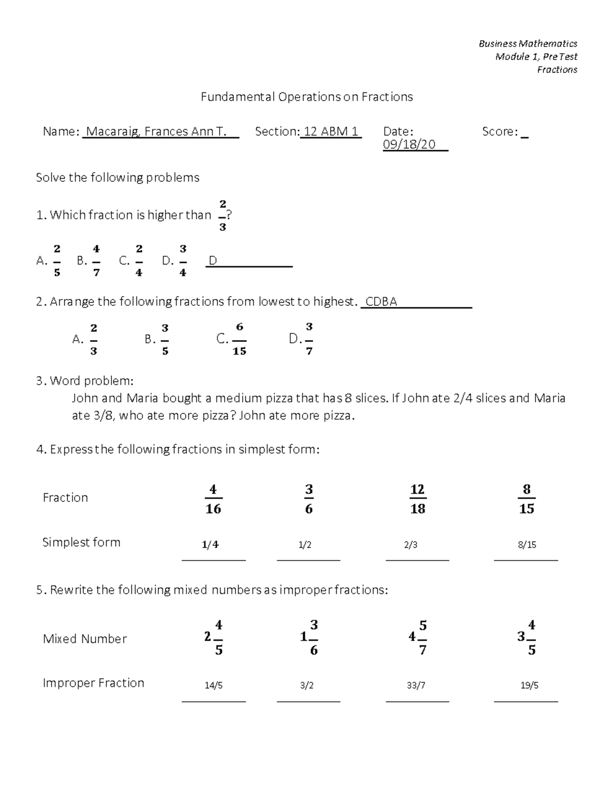 Business Mathematics 12 ABM 1: Module 1 Pre-Test on Fractions - Studocu