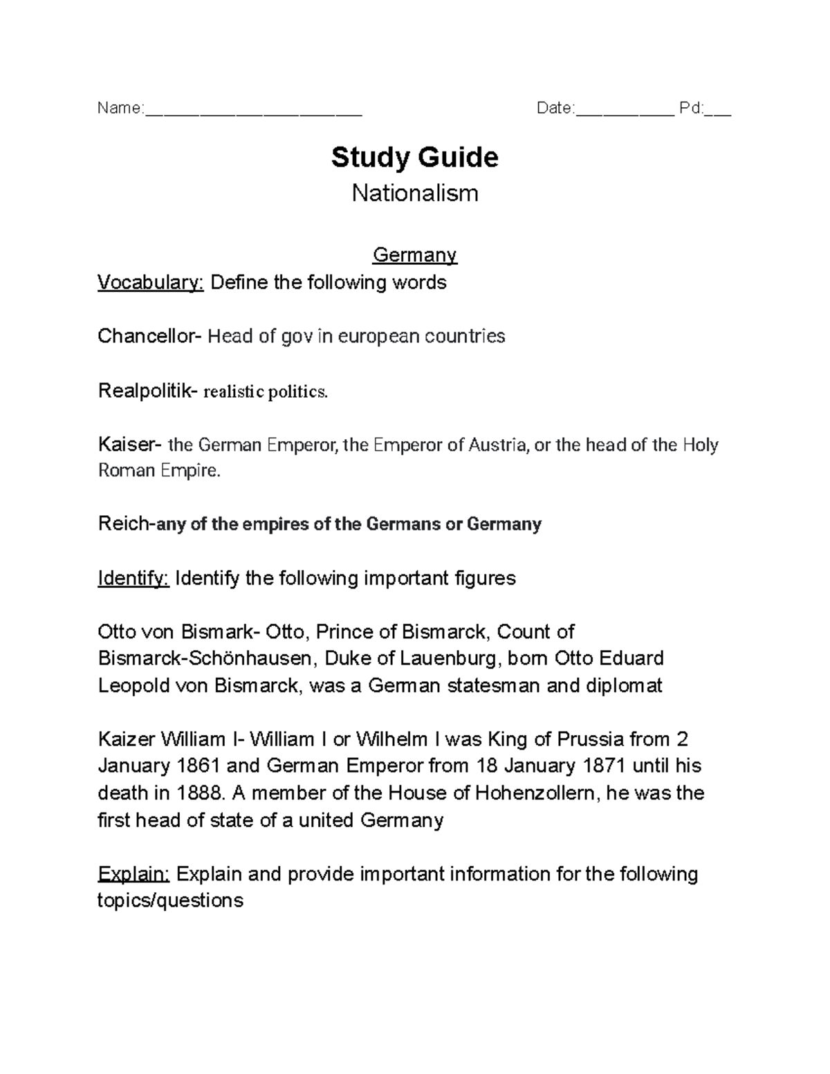 Nationalism Study Guide: Key Terms and Figures for History Course - Studocu