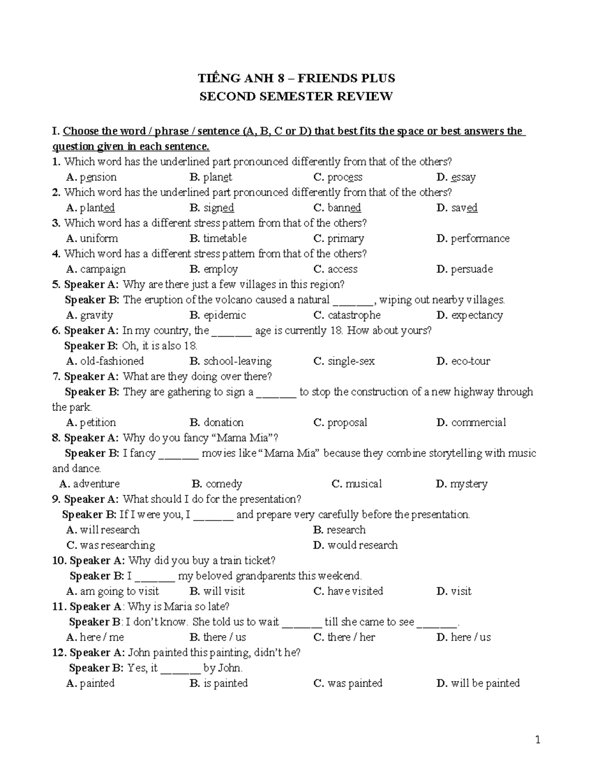 TA 8 Friends Plus Second Semester Review: Practice Questions and ...