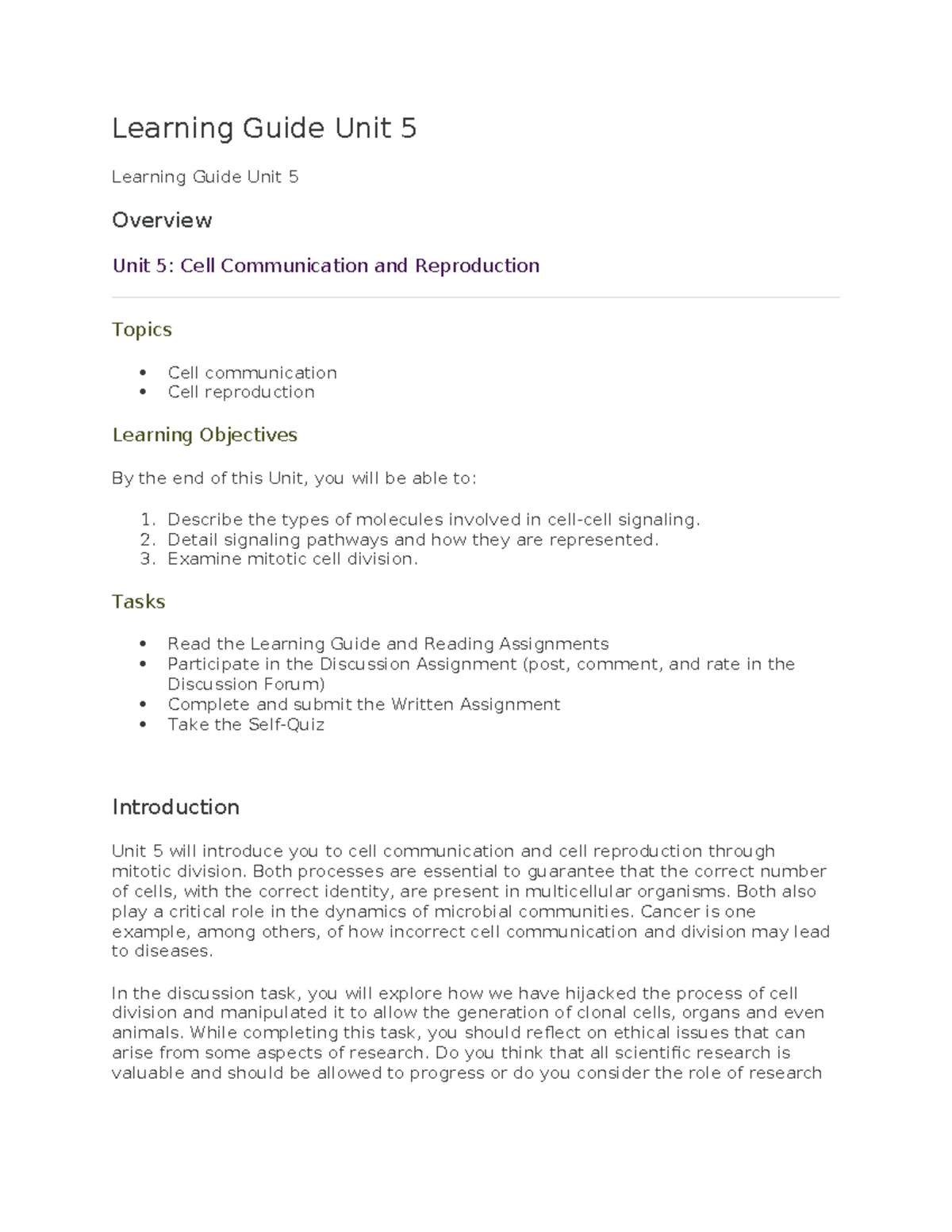 Unit 5 Learning Guide: Cell Communication & Reproduction Overview - Studocu