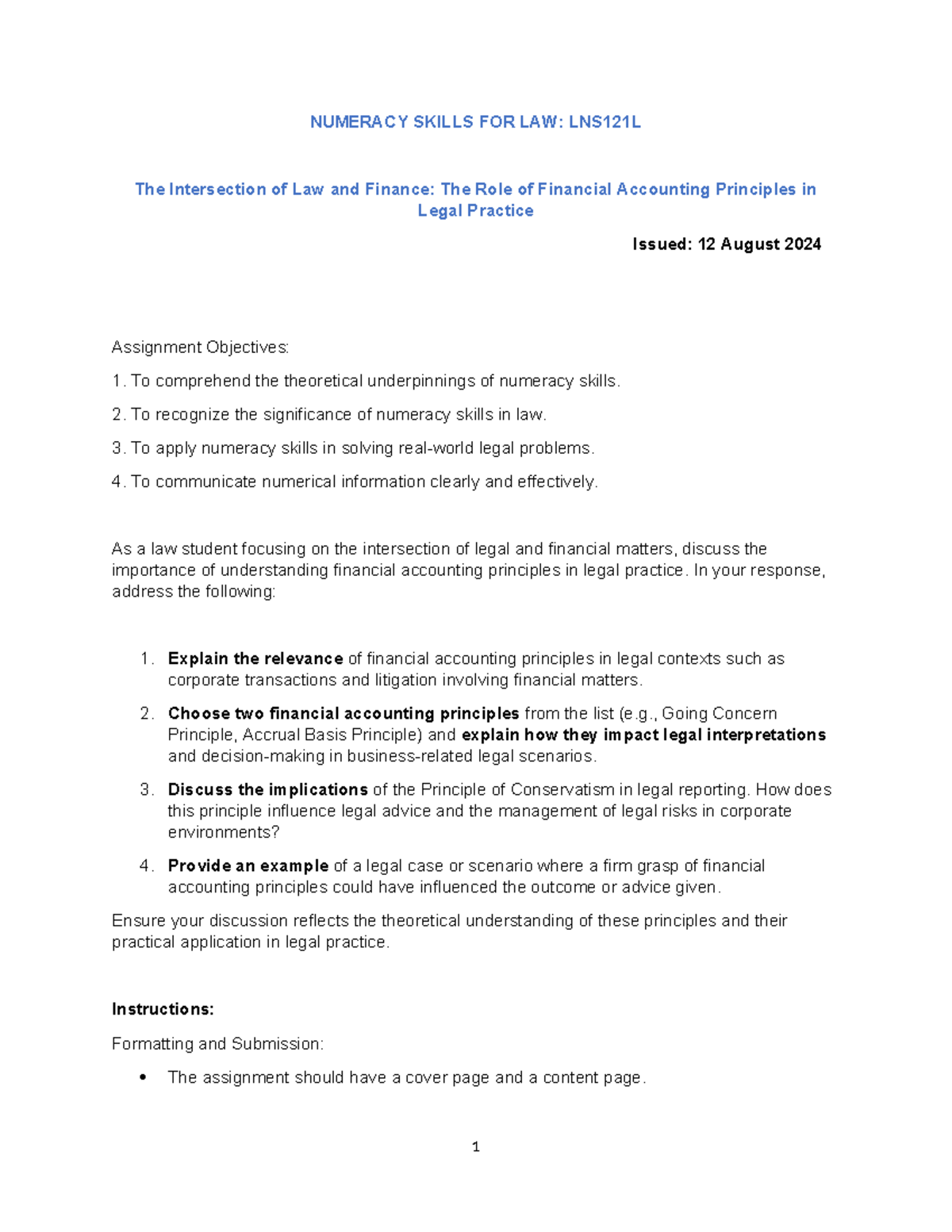 Numeracy Skills in Law: Assignment LNS121L Analysis of Financial ...