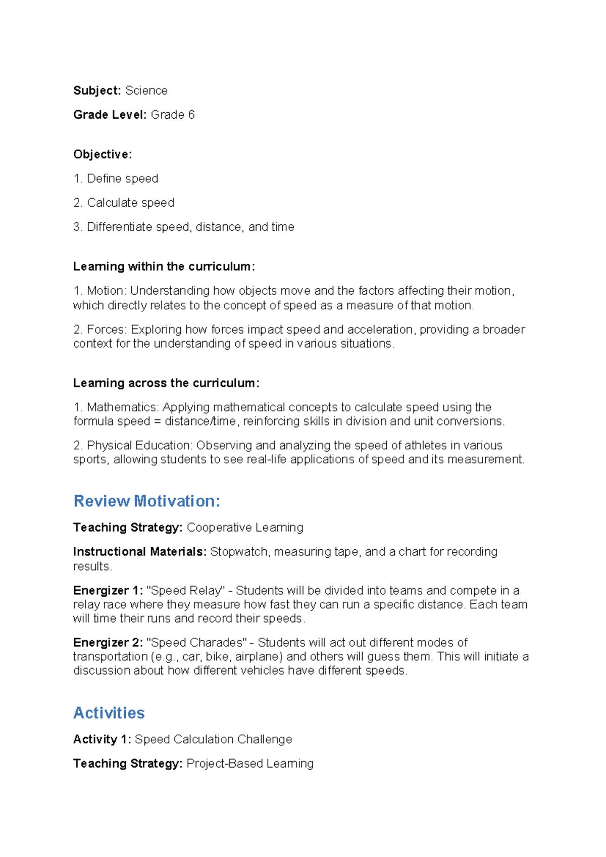 Lesson Plan - Speed and Velocity for 6th Grade Science - Studocu