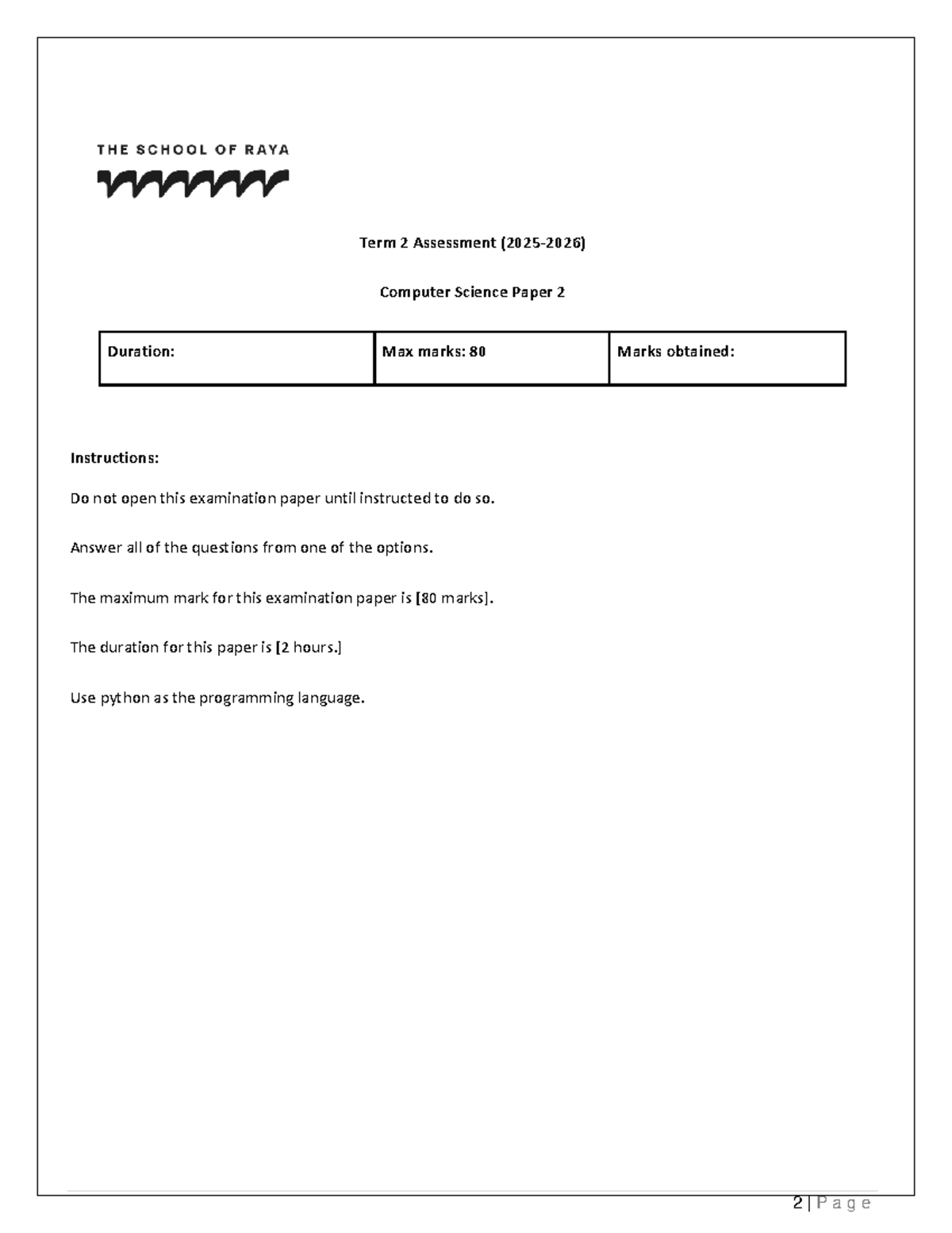 DP CS Term 2 Assessment Paper 2 - HL Exam Guide - Studocu