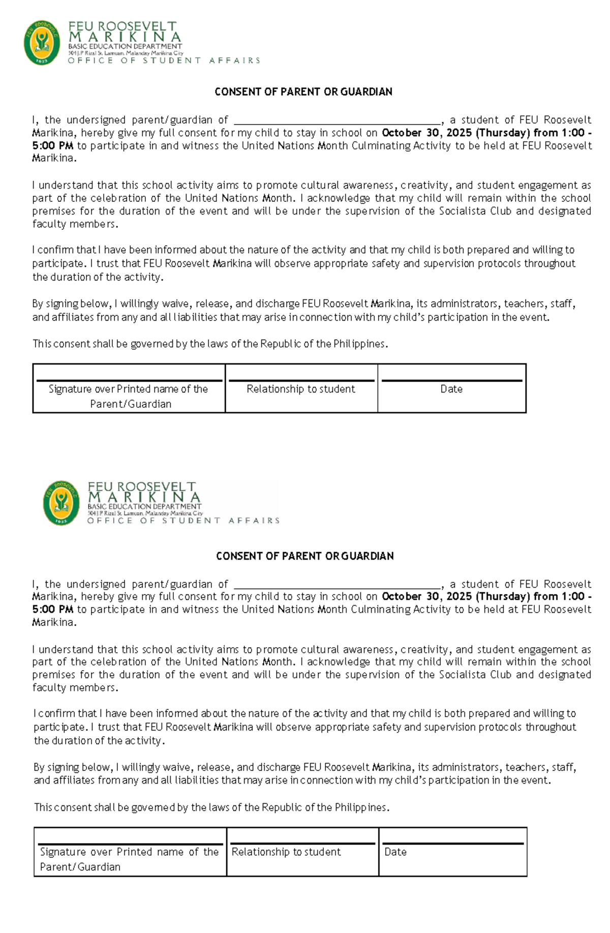 Parent Consent for United Nations Month Activity at FEU Roosevelt - Studocu