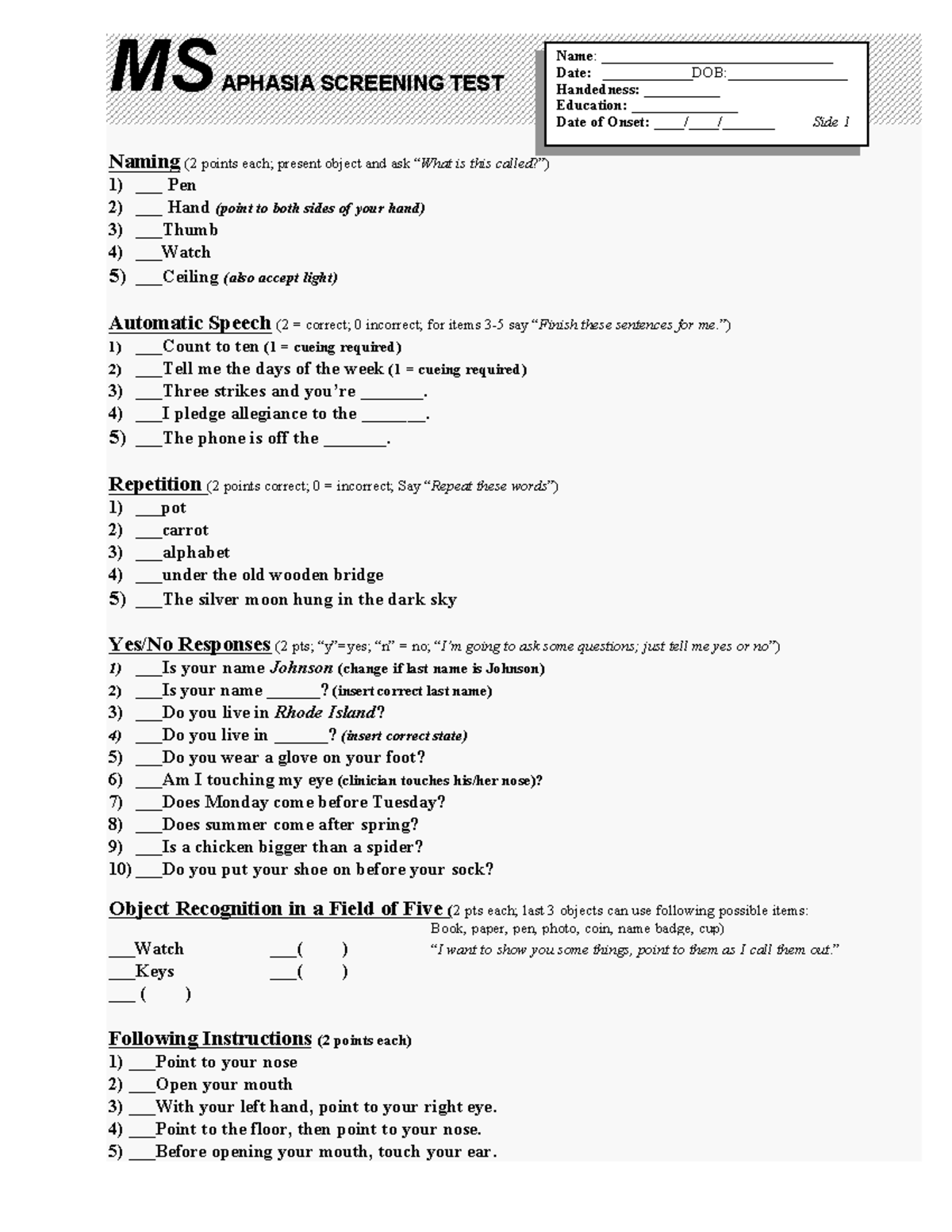 MS APHASIA SCREENING TEST: Assessment for SLP - Studocu