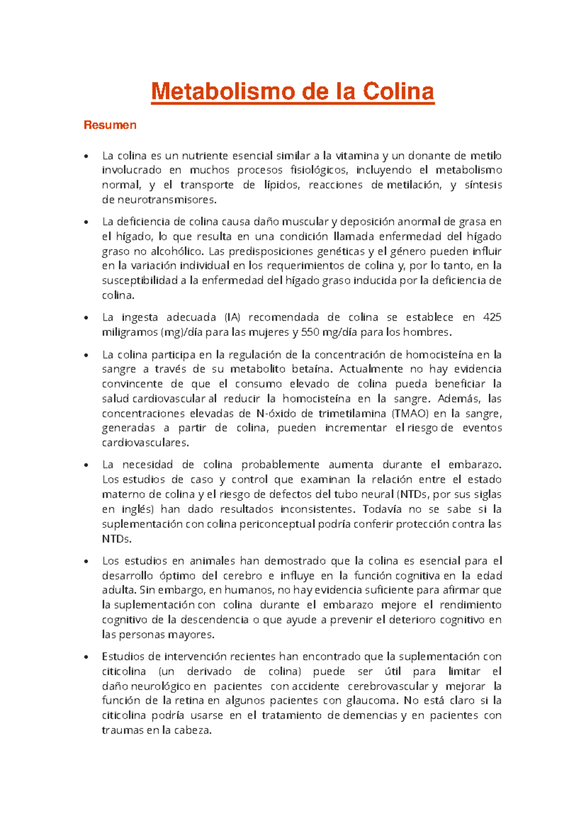 Colina: Resumen y Funciones en Metabolismo y Salud - Studocu