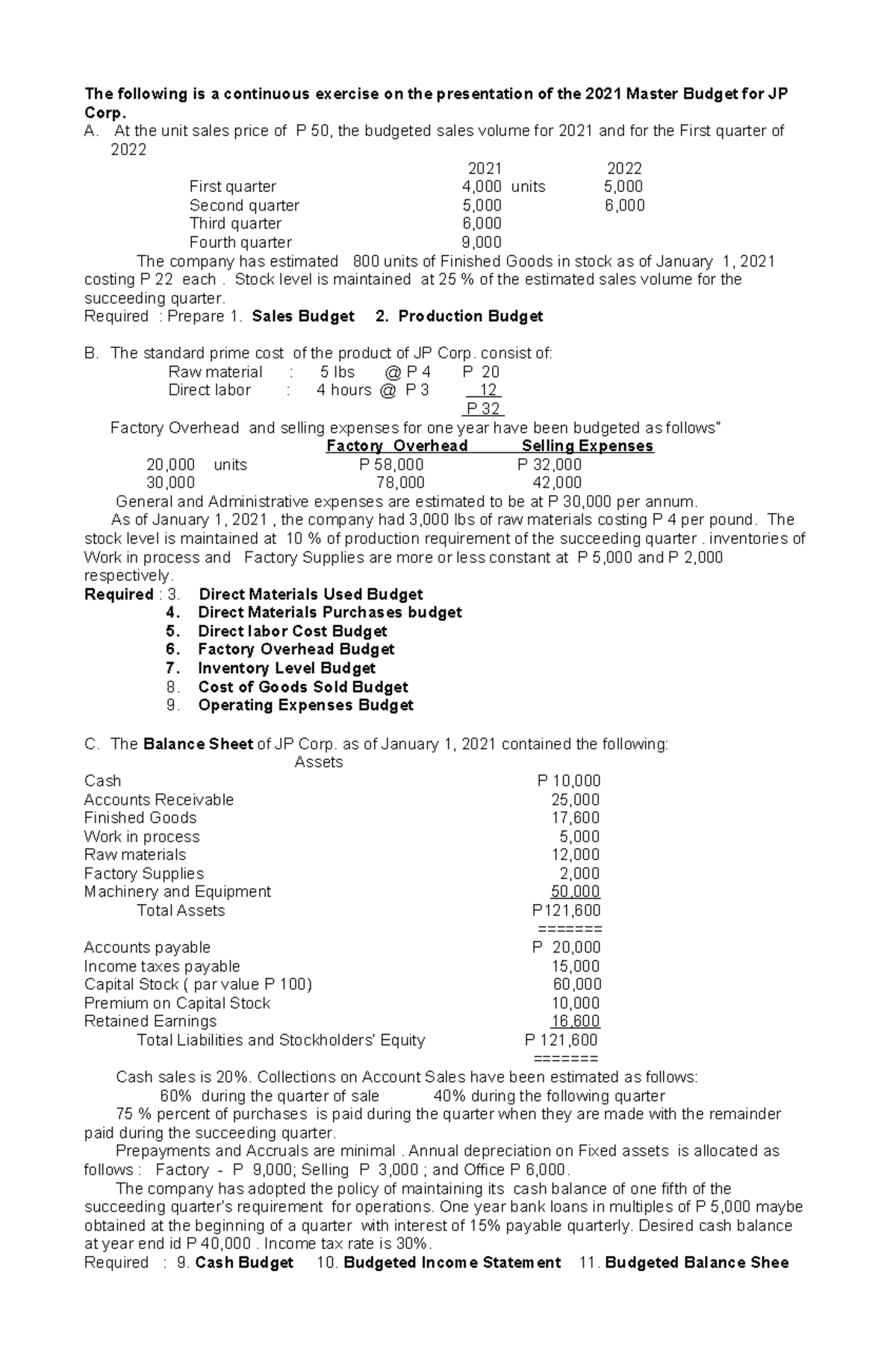 Master Budget Preparation for JP Corp (2021) - Studocu