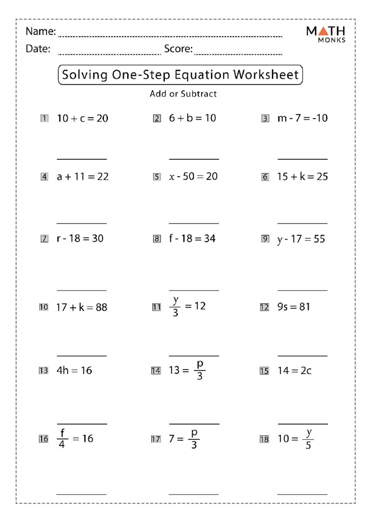 MATH MONKS: Solving Equations Worksheet - Try One - Studocu
