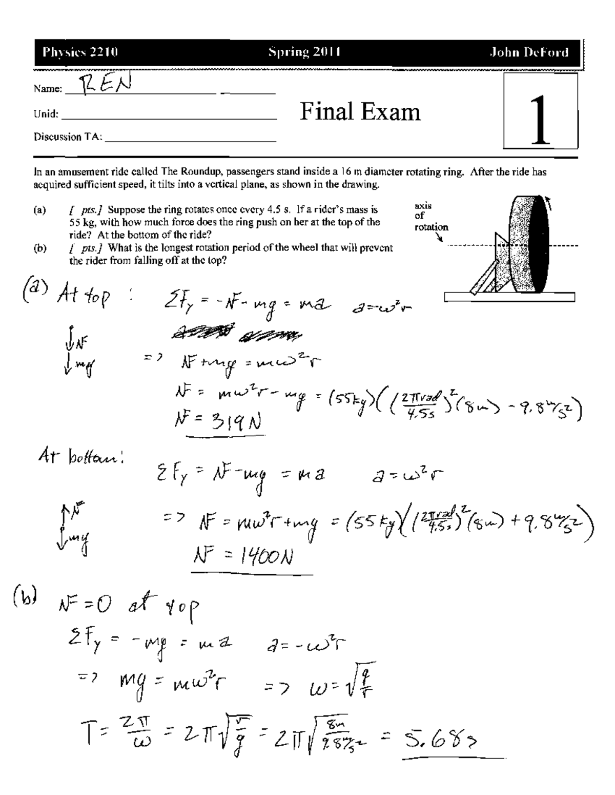 Final Exam Review - Physics 2210 Spring 2011 John DeFord Name: REN Unid: Final Exam 1 Discussion ...