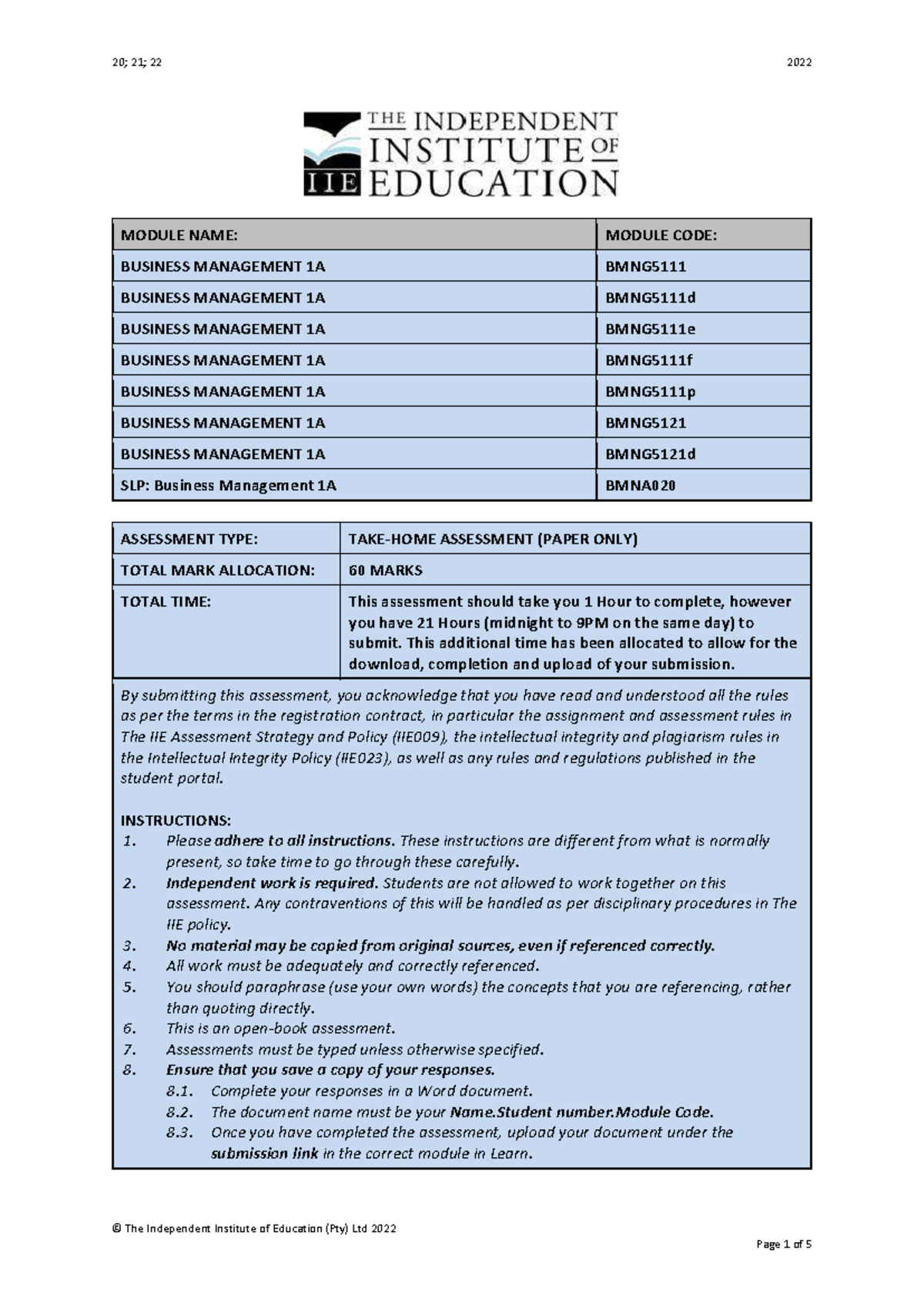 BMNG5121 Business Management 1A: Assessment Guidelines & Case Study ...